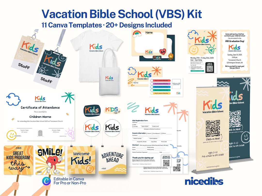 VBS Kids Church Kit Canva Template: Kids Ministry 11 Editable Designs ...