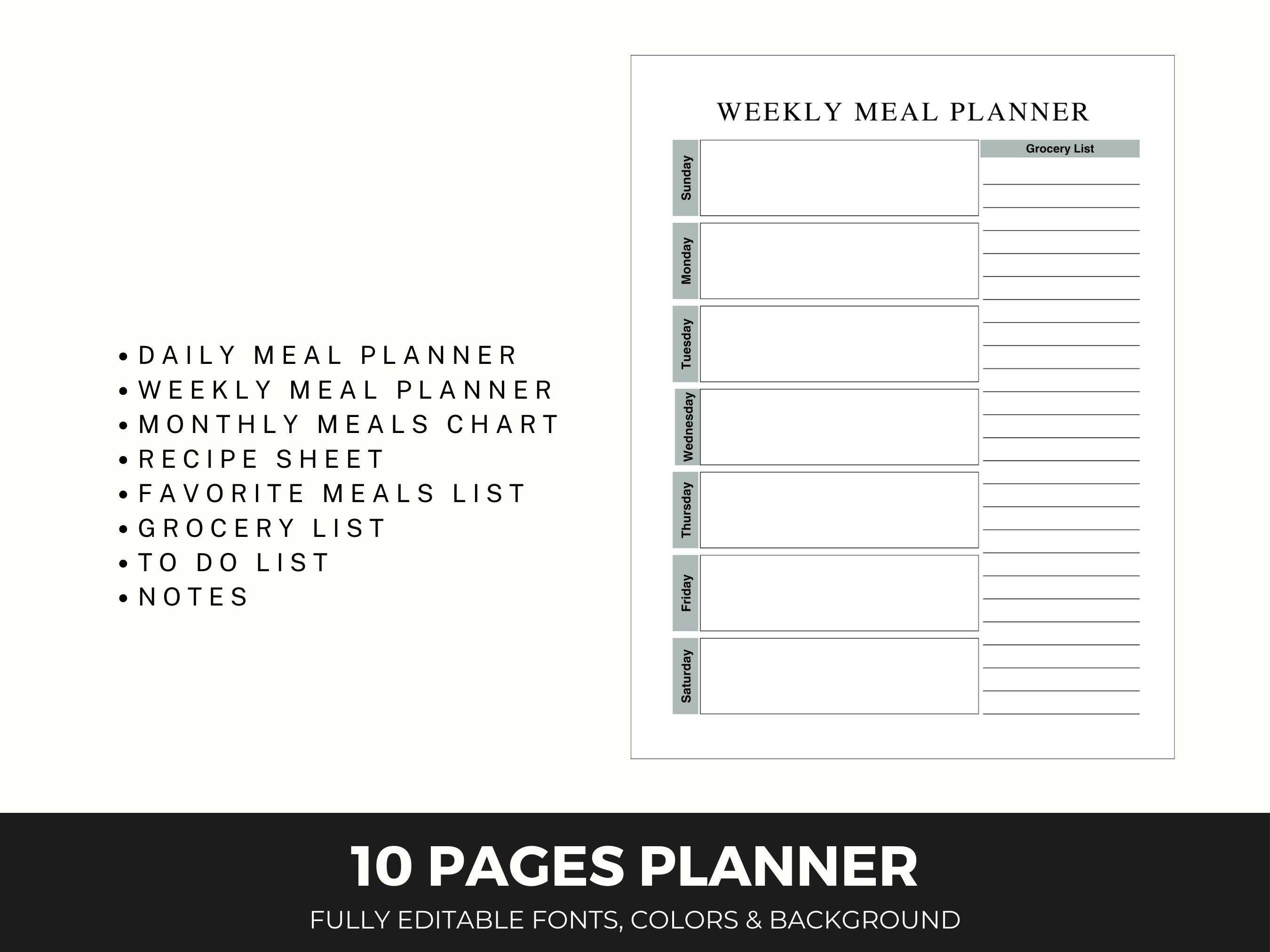 Customizable Meal Planner Printable Monthly, Weekly Meal Planner ...