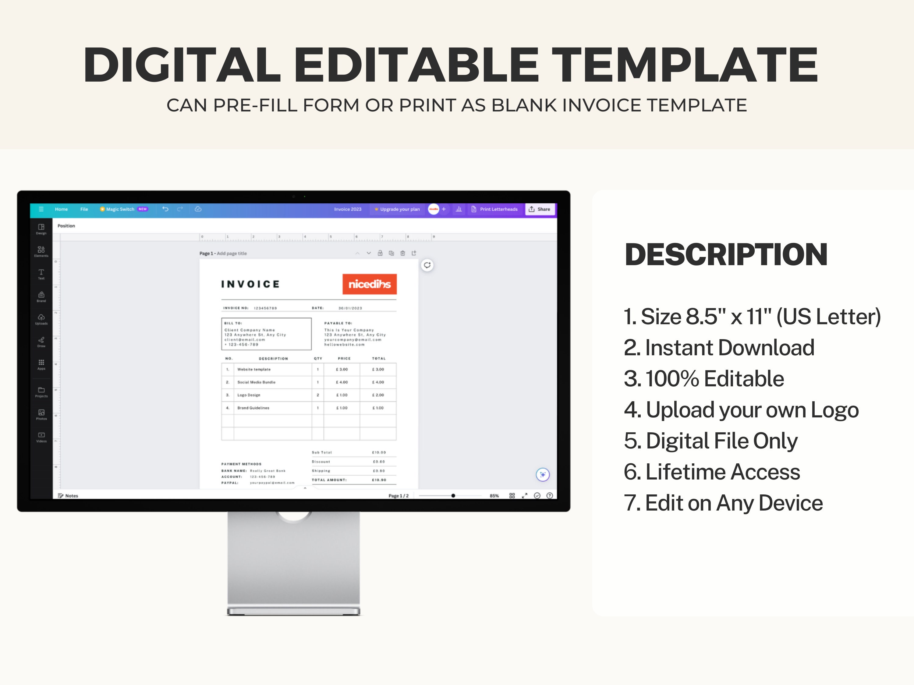 Invoice Template Editable Printable Digital Order Form for - Etsy