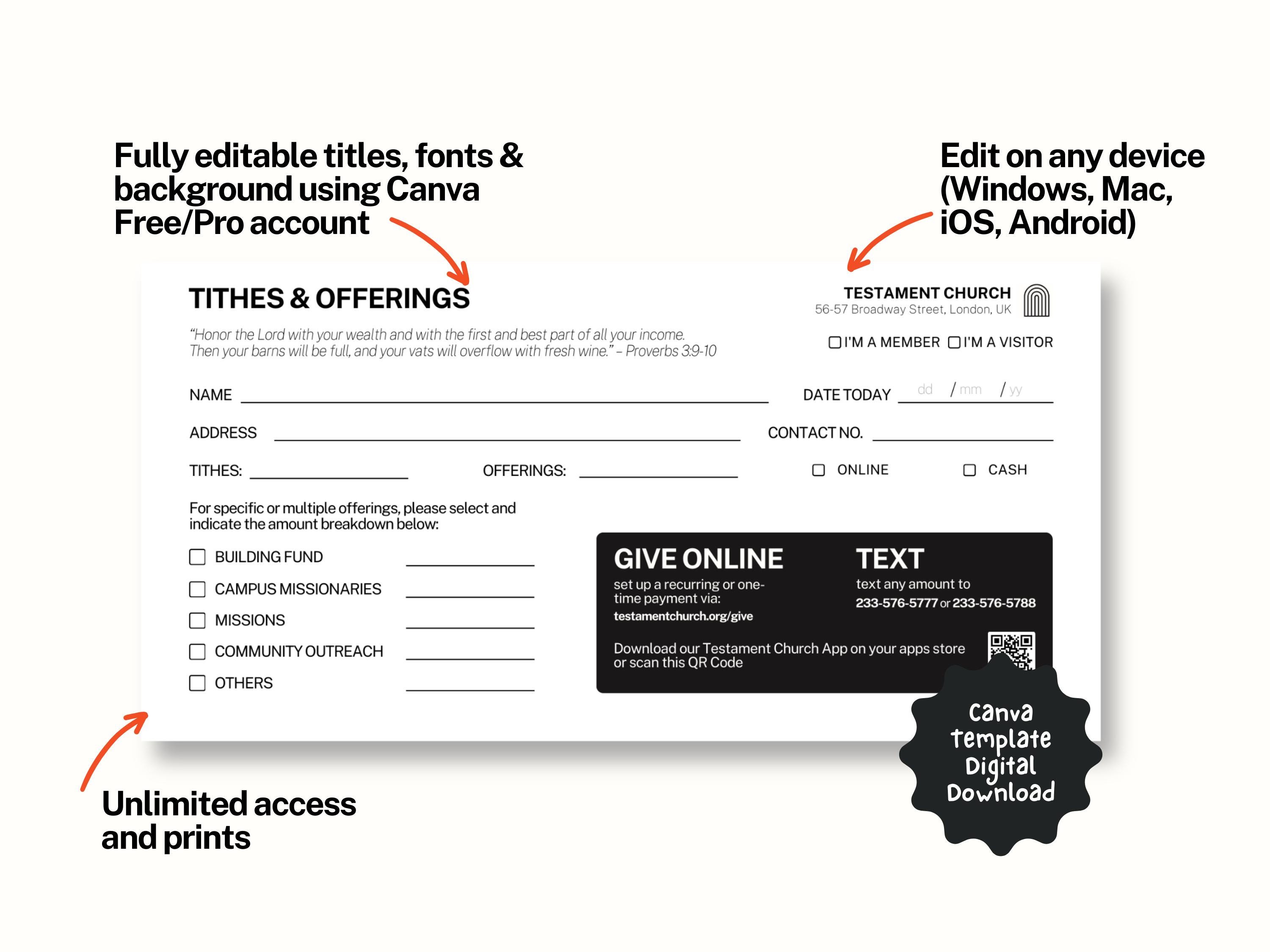 Church Tithes Offering Card: Editable Canva Template (instant Download ...