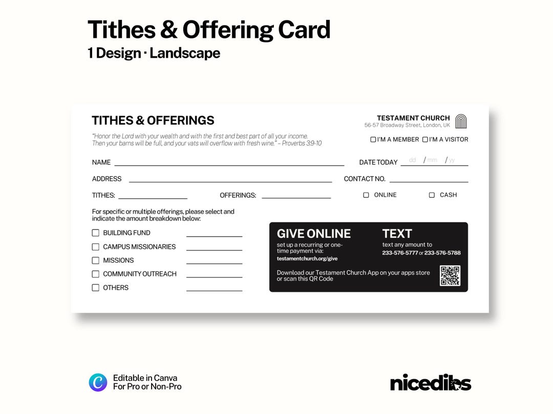 Church Tithes Offering Card: Editable Canva Template (instant Download ...
