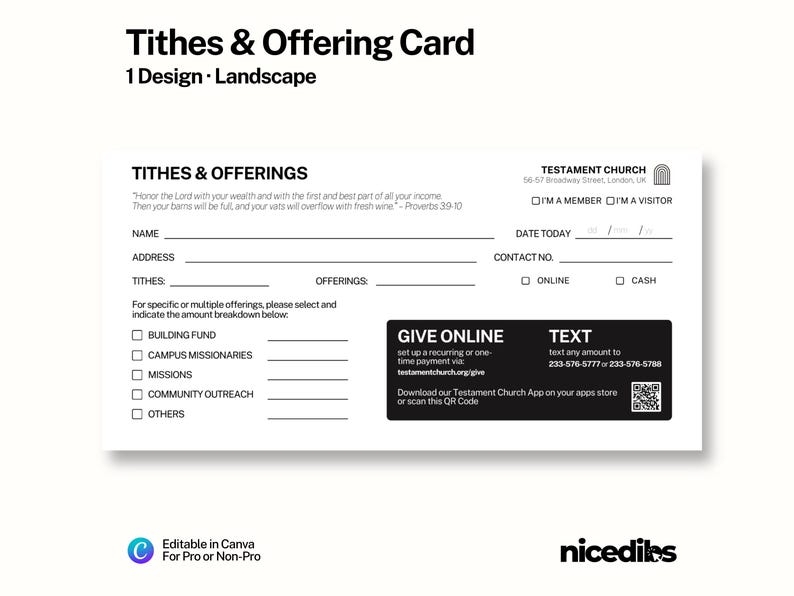 Church Tithes Offering Card: Editable Canva Template (instant Download ...
