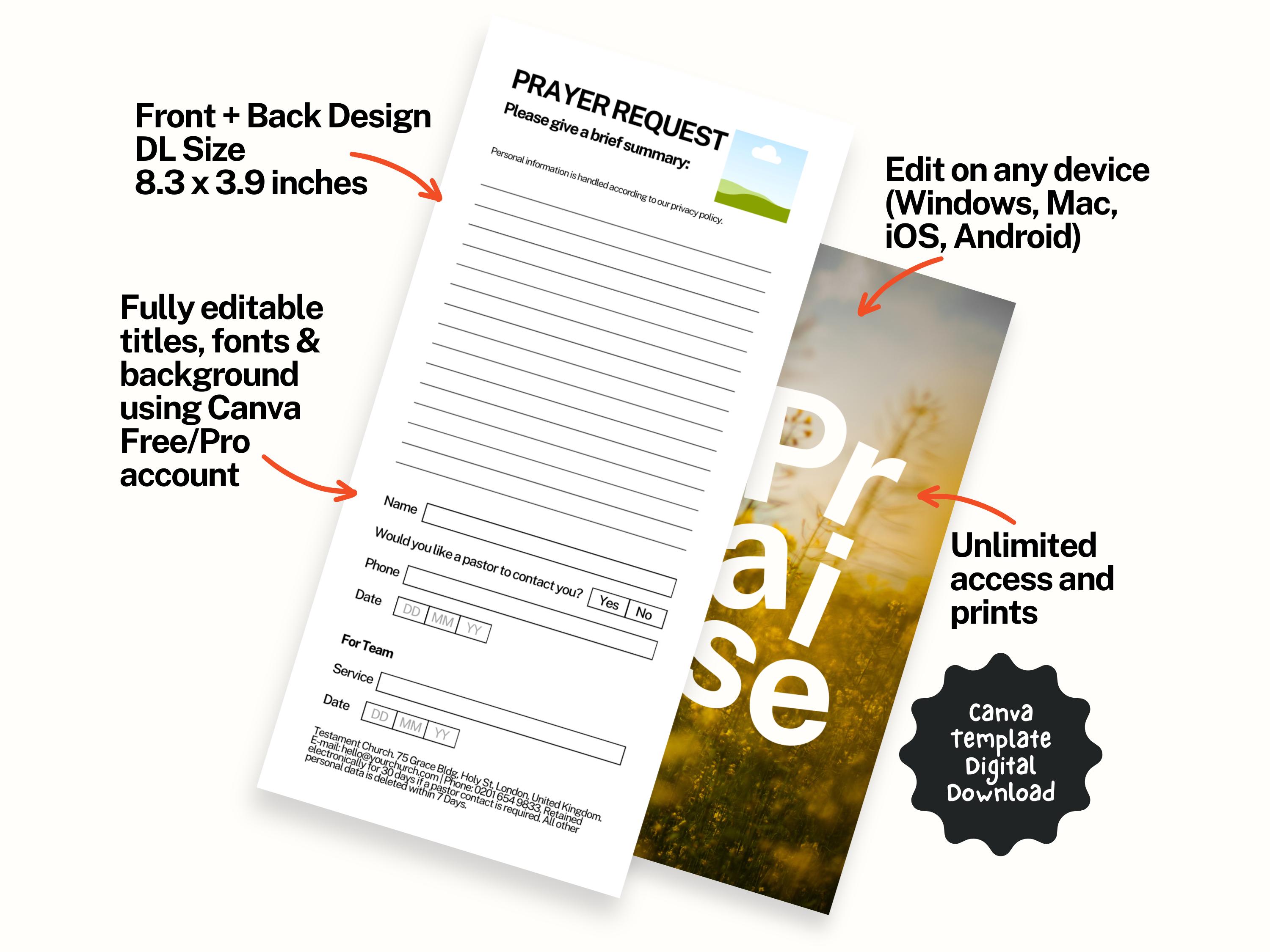 Church Prayer Request & Praise Report Card Template (canva Editable ...