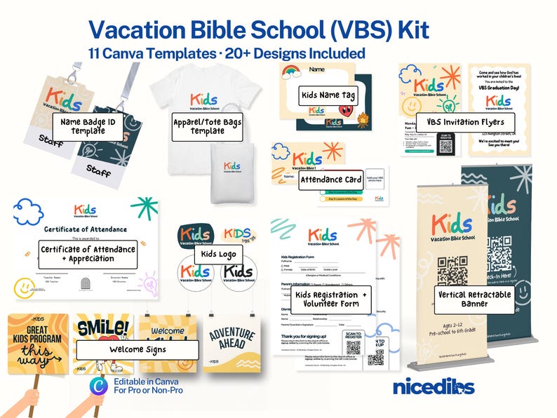 VBS Kids Church Kit Canva Template: Kids Ministry 11 Editable Designs ...