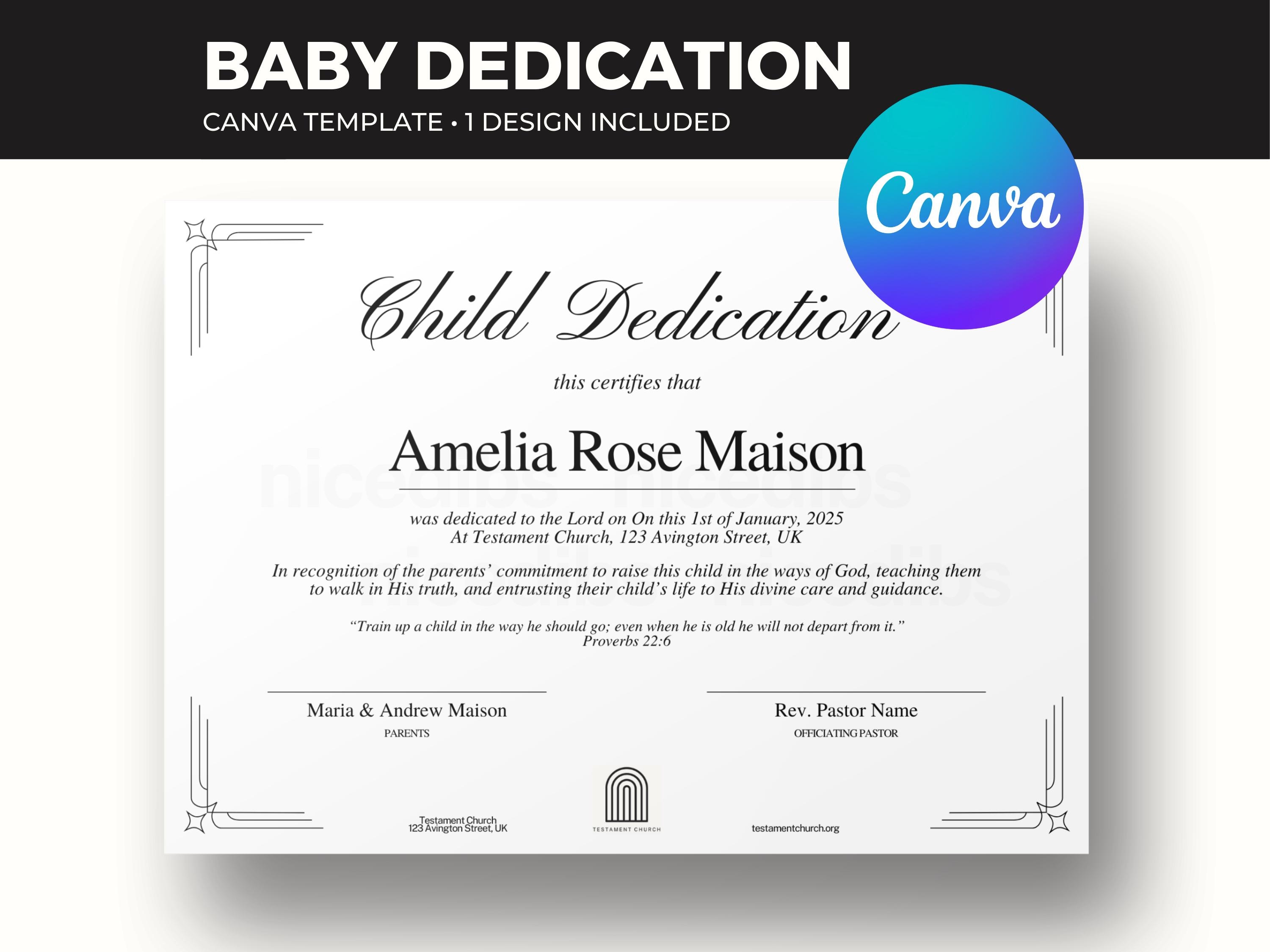 Editable Baby Dedication Certificate Template: Church Canva Template - Etsy