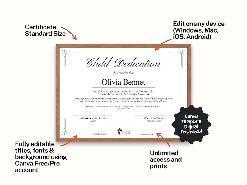 Editable Baby Dedication Certificate Template: Church Canva Template - Etsy