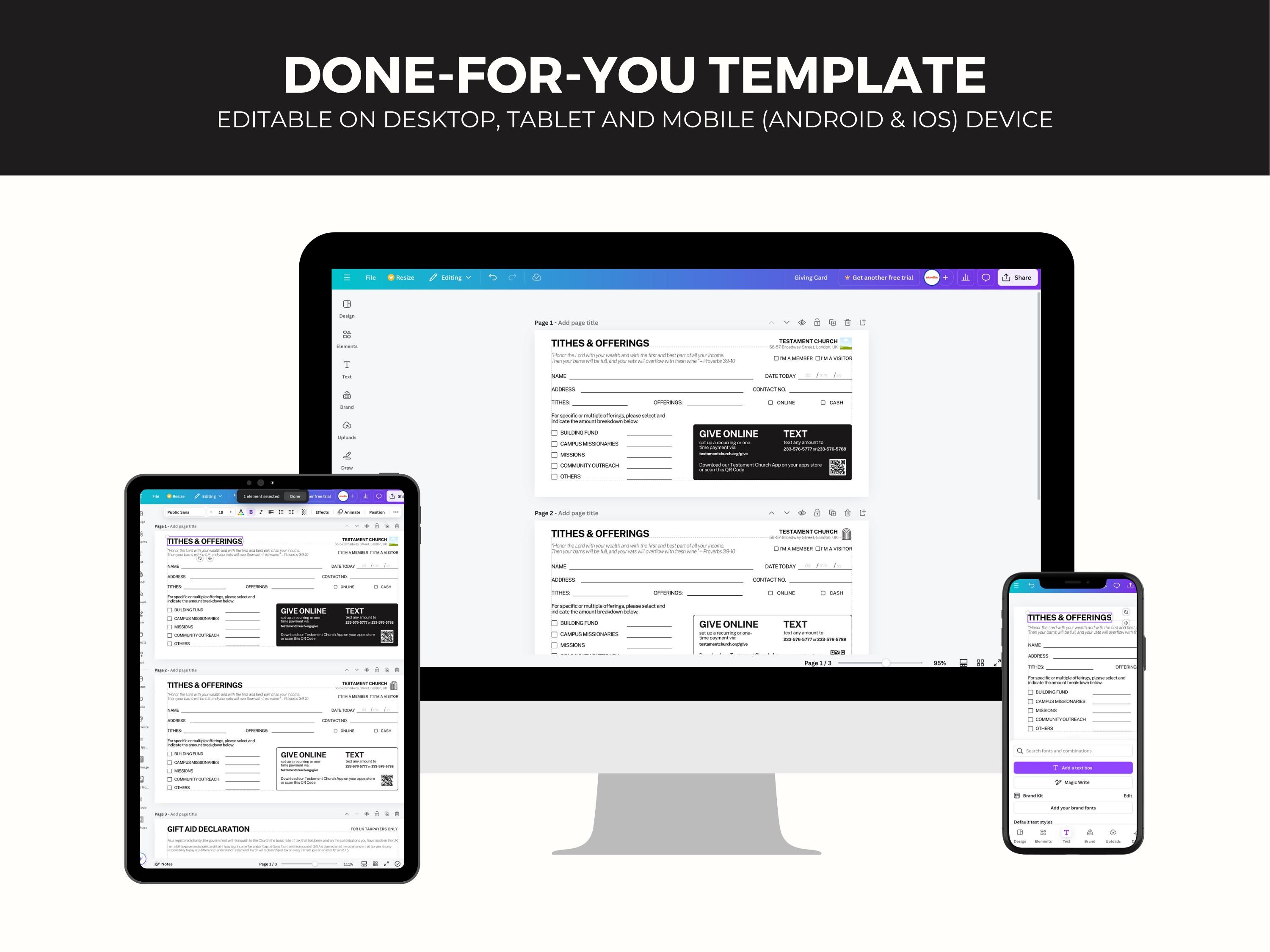 Editable DL Tithe and Offering Card for Church, Horizontal Giving ...