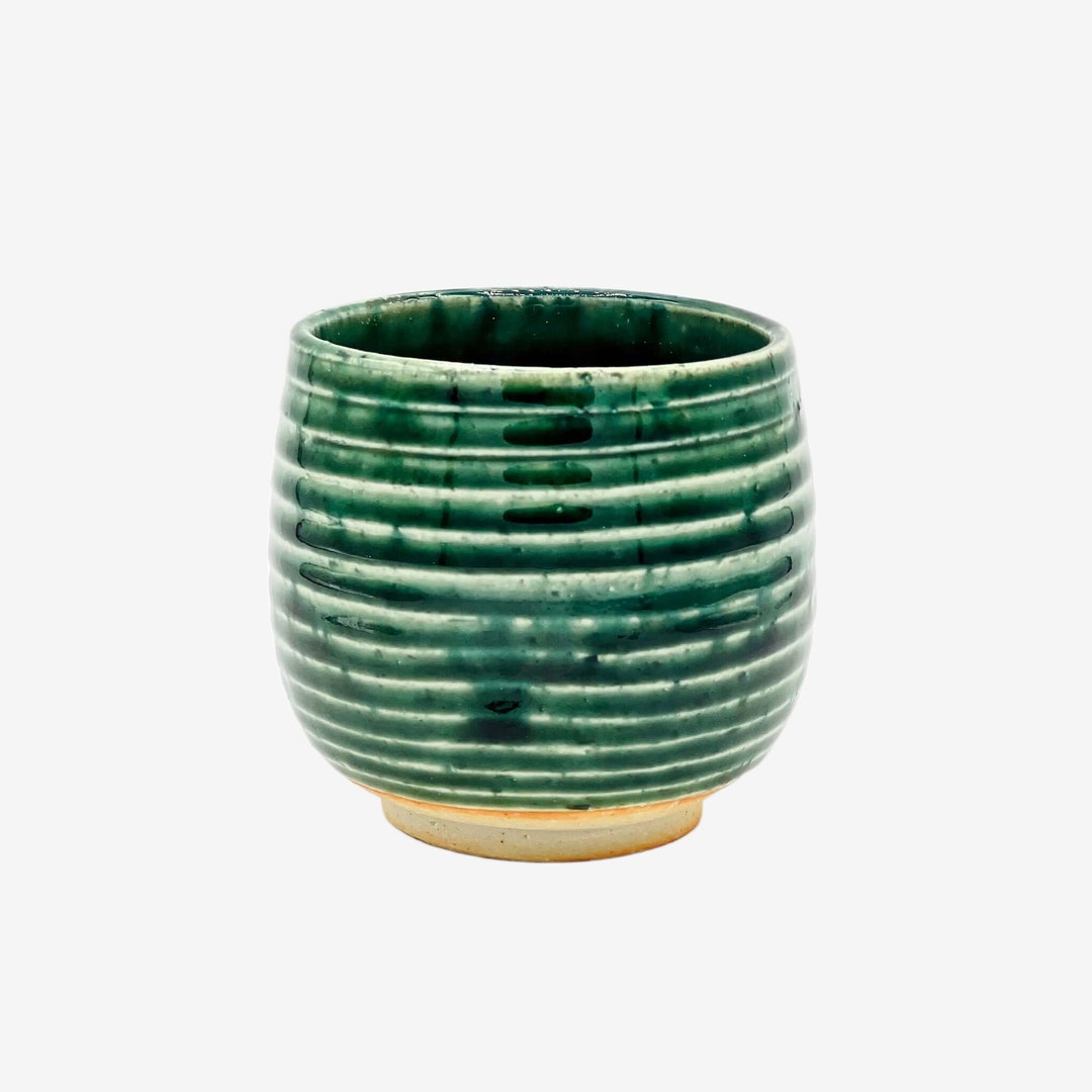 Japanese Handcrafted Oribe Stripe Green Yunomi Japanese Teacup Inoue ...