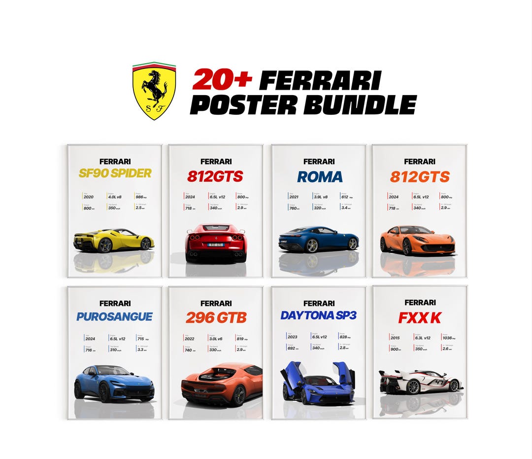 Set of 20+ Ferrari Poster, Cars Poster Print, Retro Car Poster ...