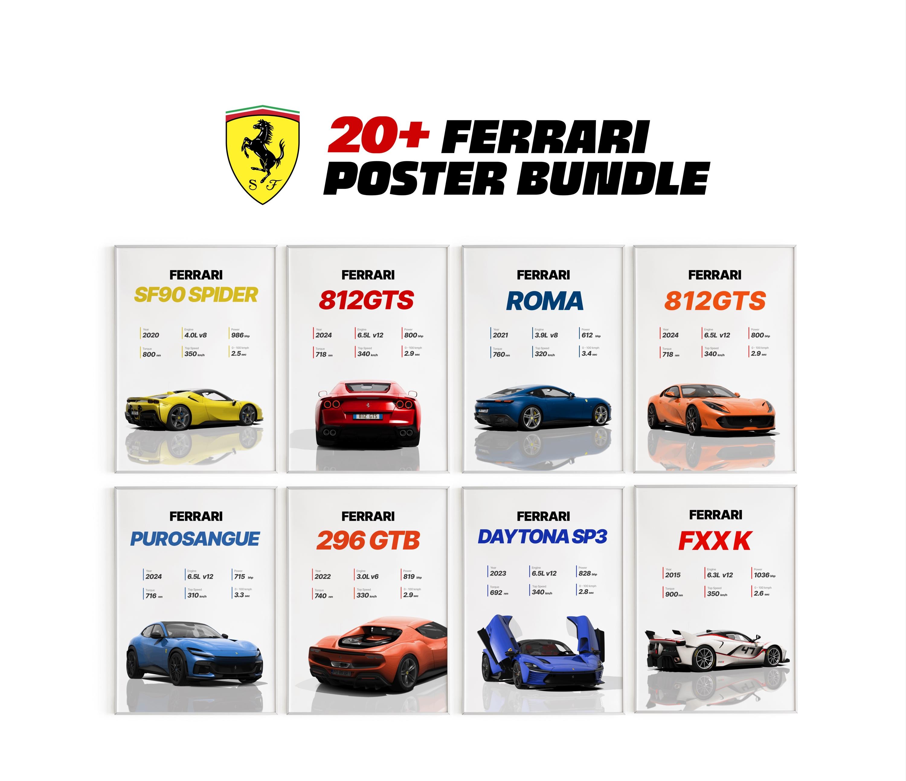 Set of 20 Ferrari Poster, Cars Poster Print, Retro Car Poster, Supercar ...