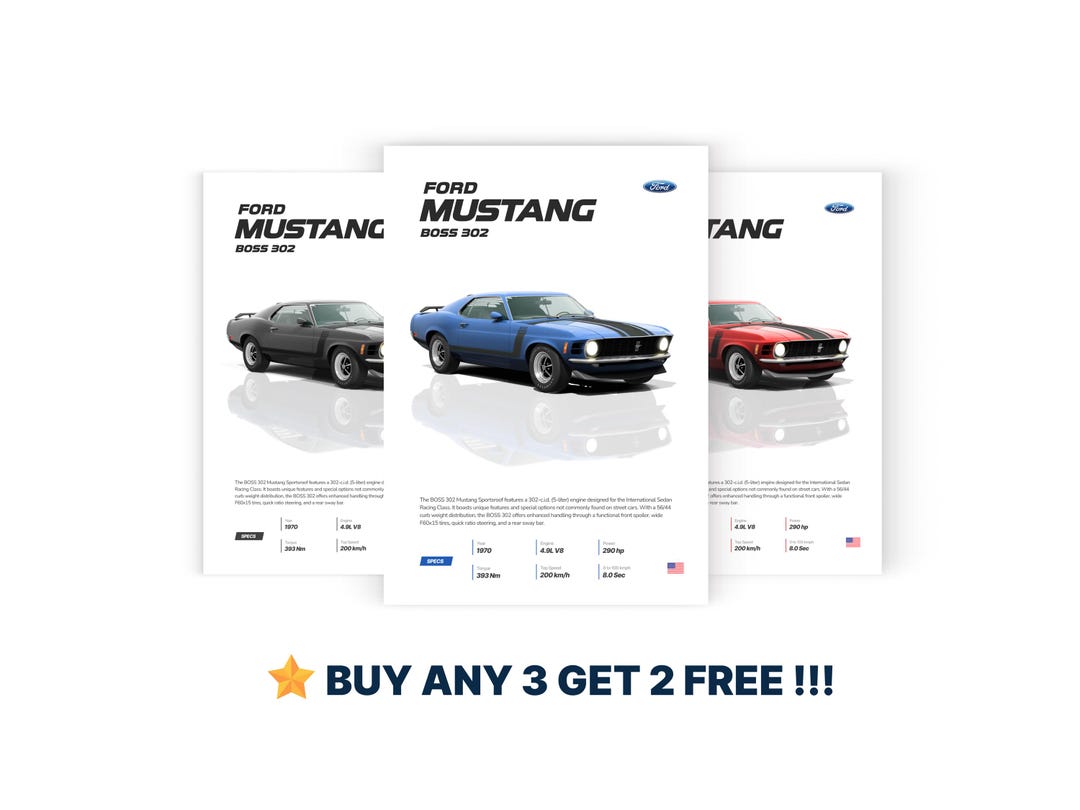 1970 Ford Mustang Boss 302 Car Poster, Retro Car Poster, Supercar ...