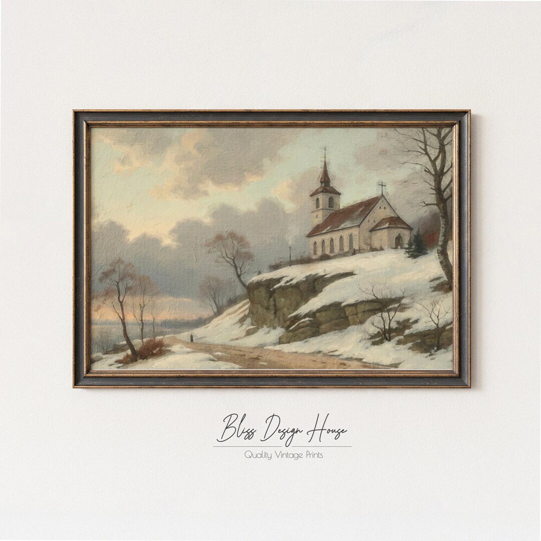 Vintage Winter Church Landscape Wall Art Oil Painting Christmas ...