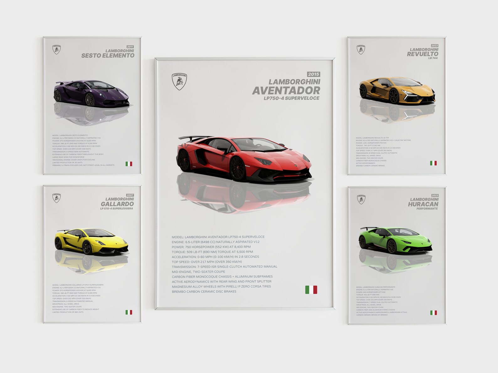 Set of 5 Lamborghini Poster, Cars Poster Print, Retro Car Poster ...