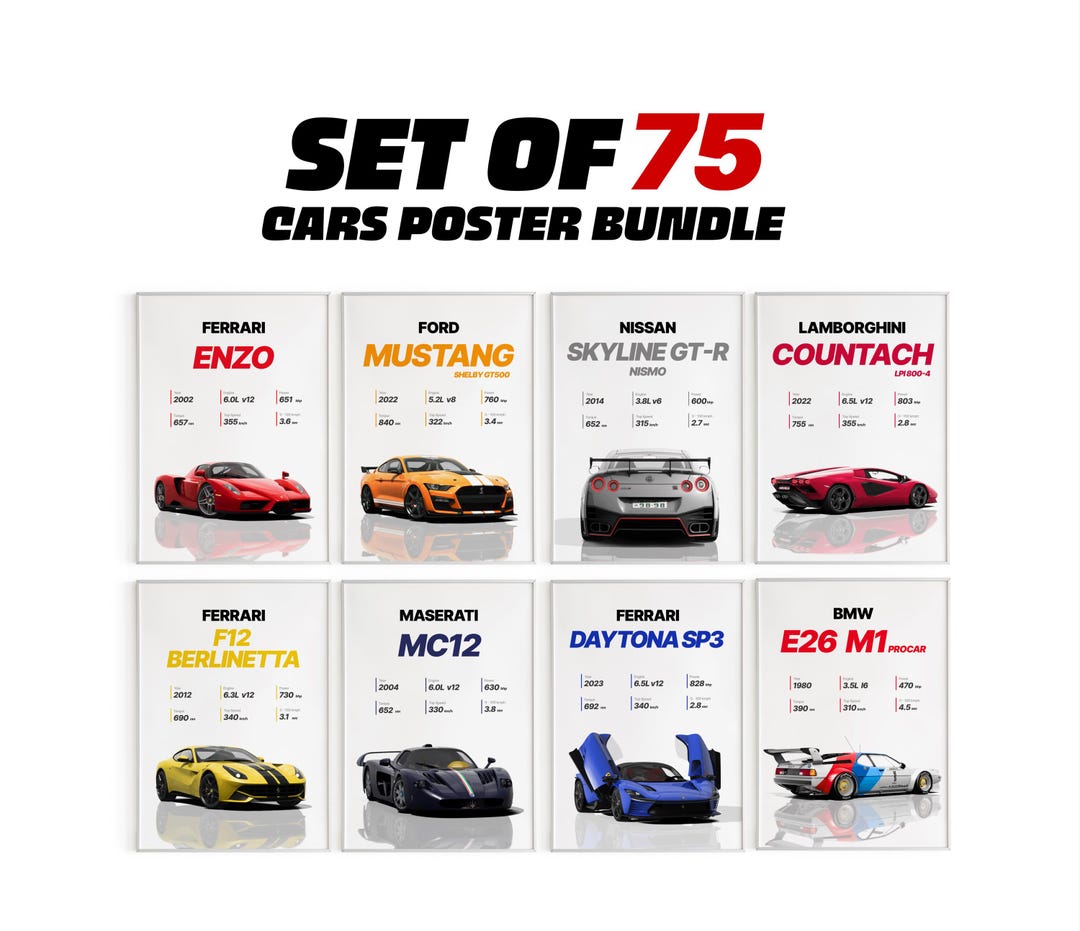 Set of 75 Car Poster, Cars Poster Print, Retro Car Poster, Supercar ...