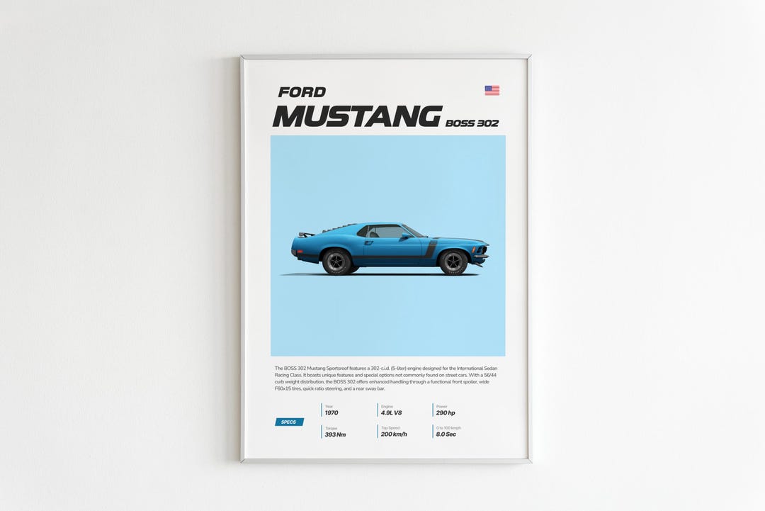 Mid Century Ford Mustang Boss 302 Car Poster, Cars Poster Print, Retro ...