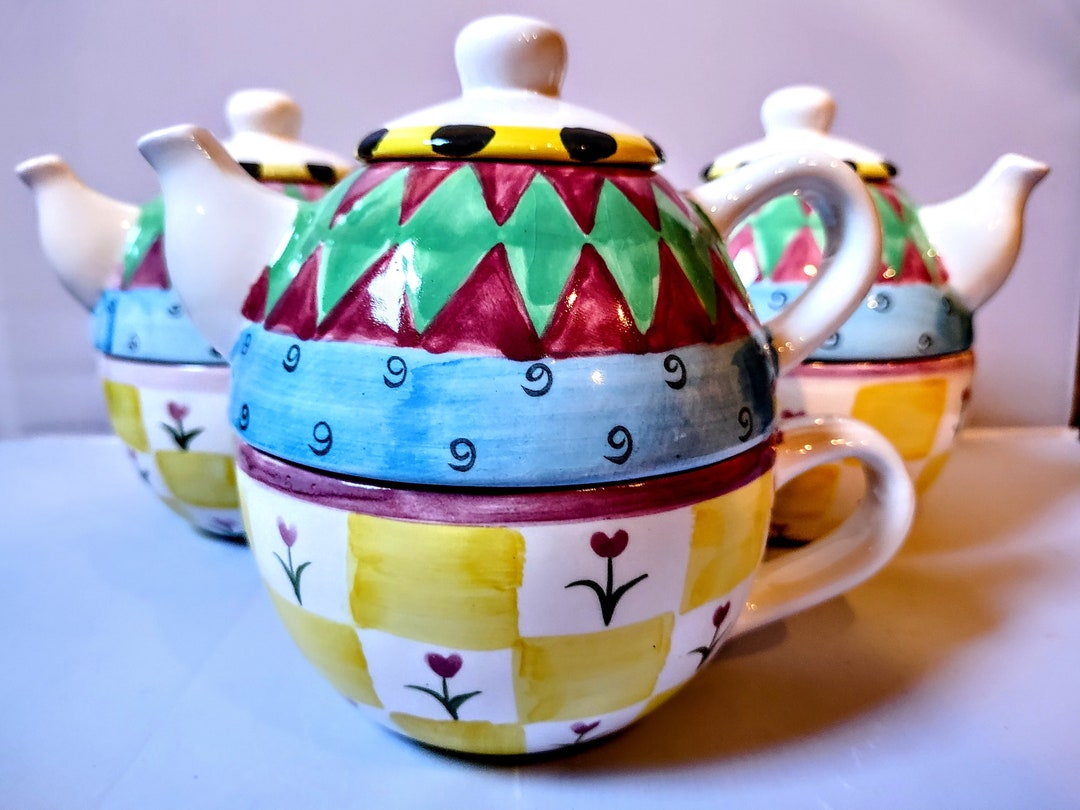 Hand Painted Tulip Tea for One Stackable Tea Pot Cup Set Cottage Core ...