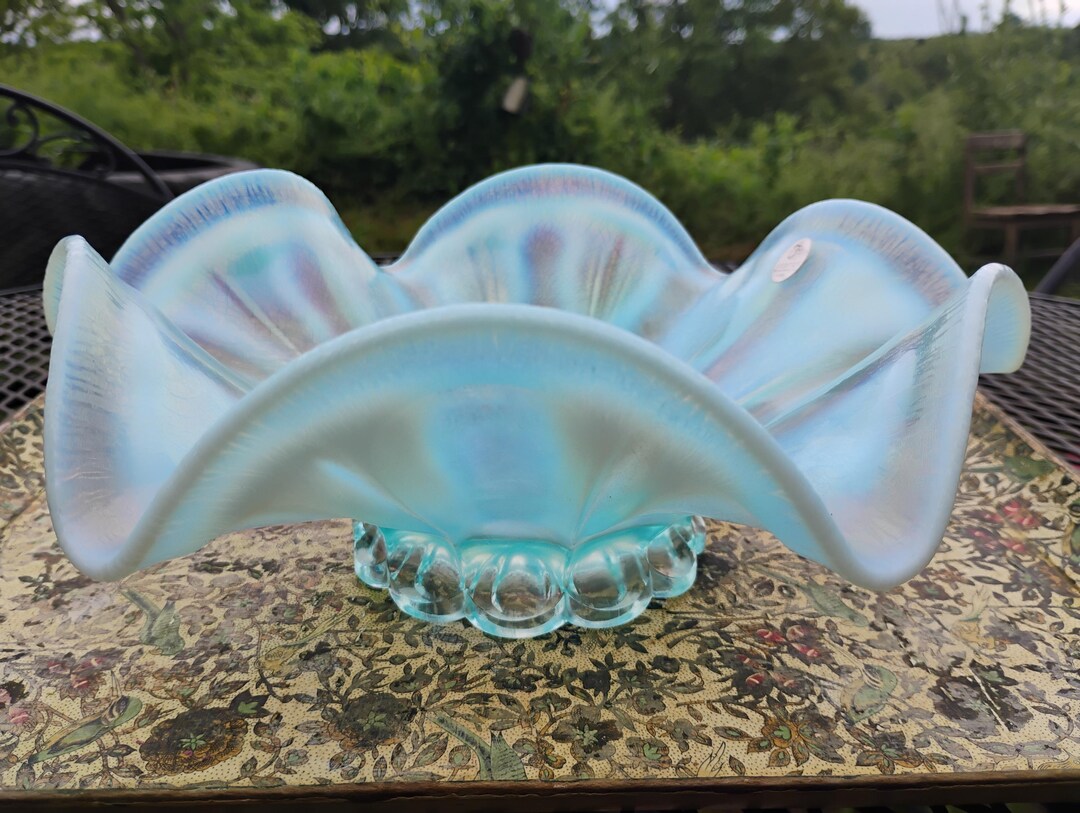 Fenton Blue Stretched Decorative Glass Bowl With Pedestal Base Vintage ...