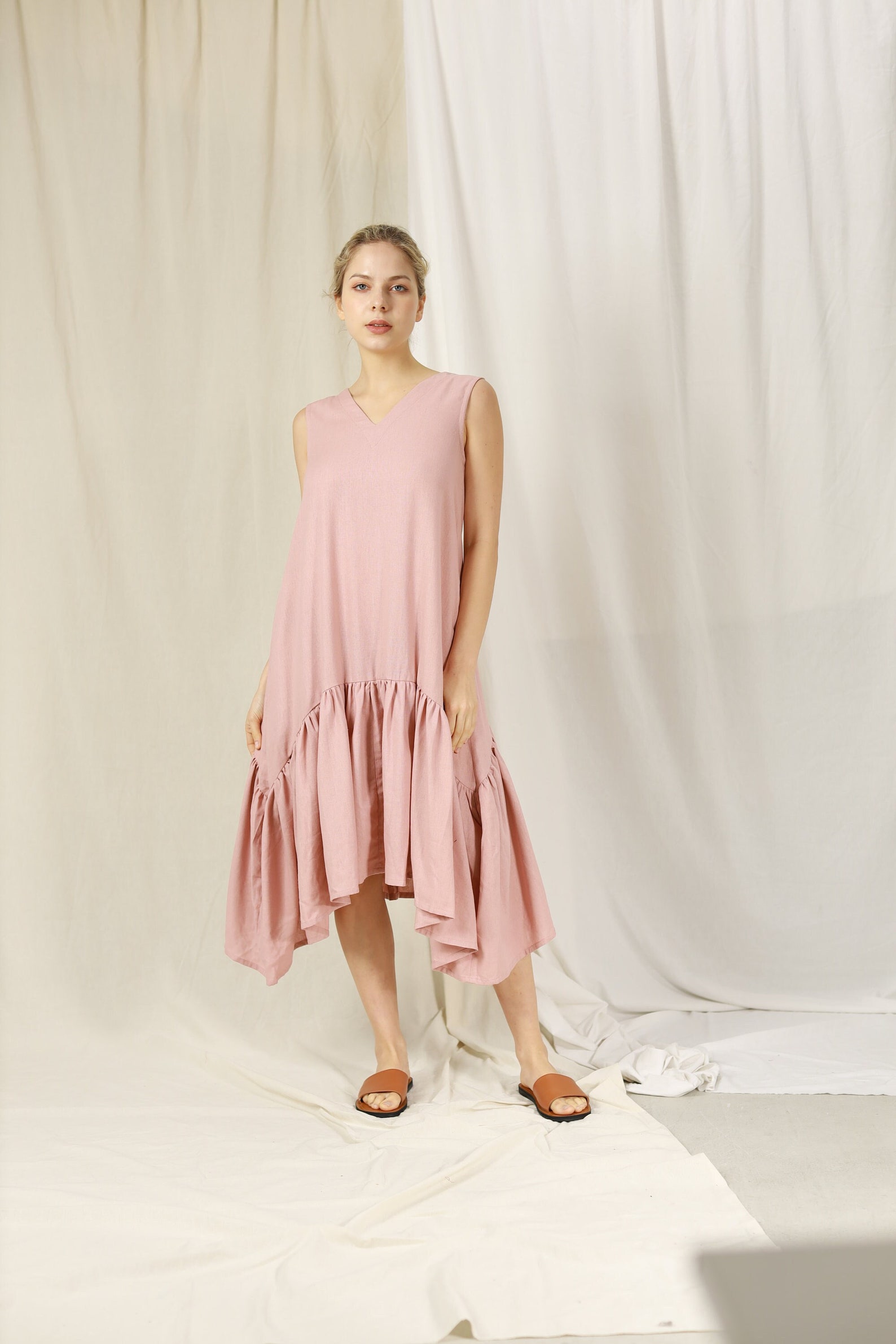 Loose Linen Dress Natural Linen Ruffle Dress Linen Hi-low Dress Linen ...