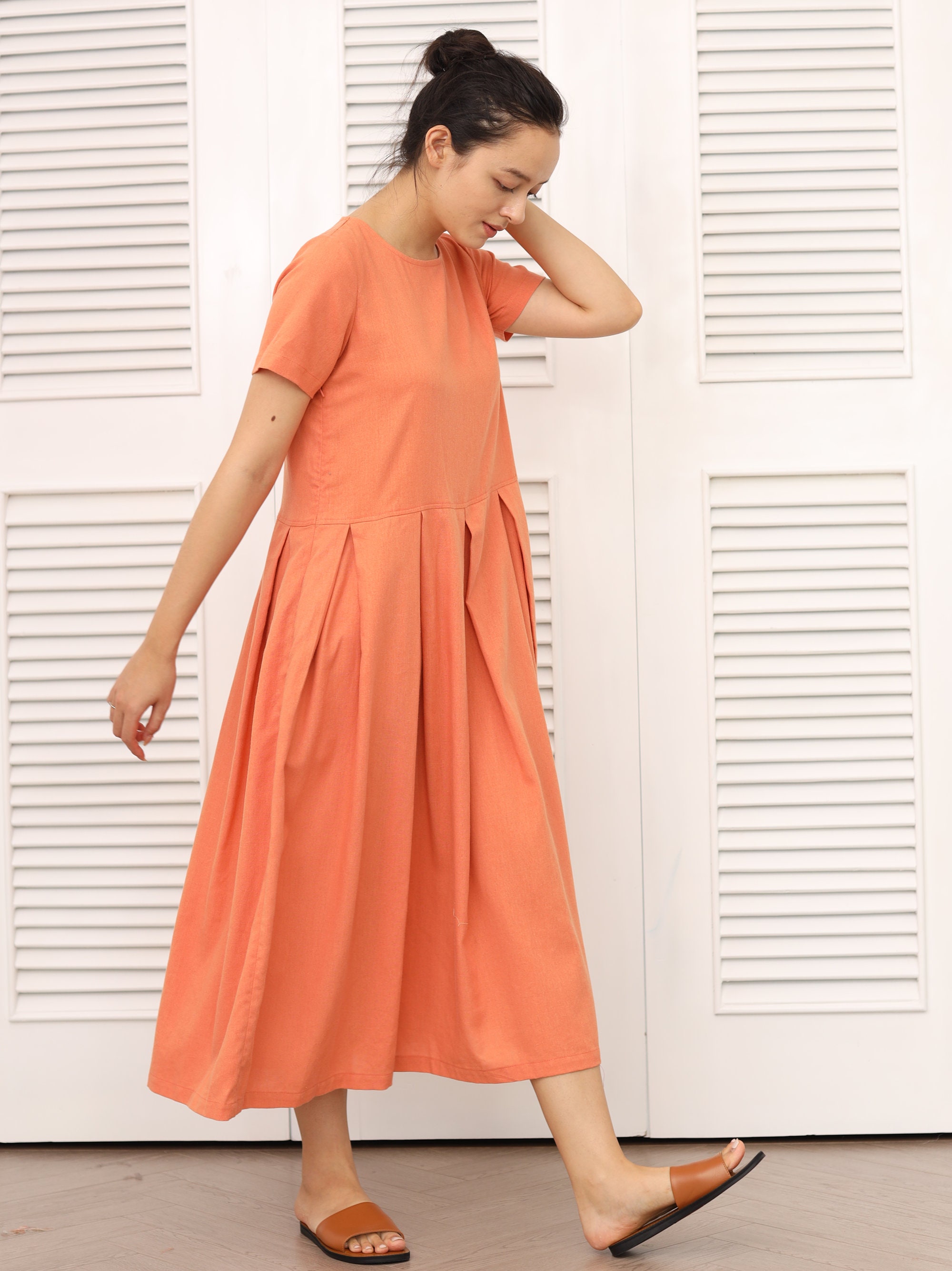Short Sleeved Linen Dress Linen Dress Summer Midi Dress Linen Clothing