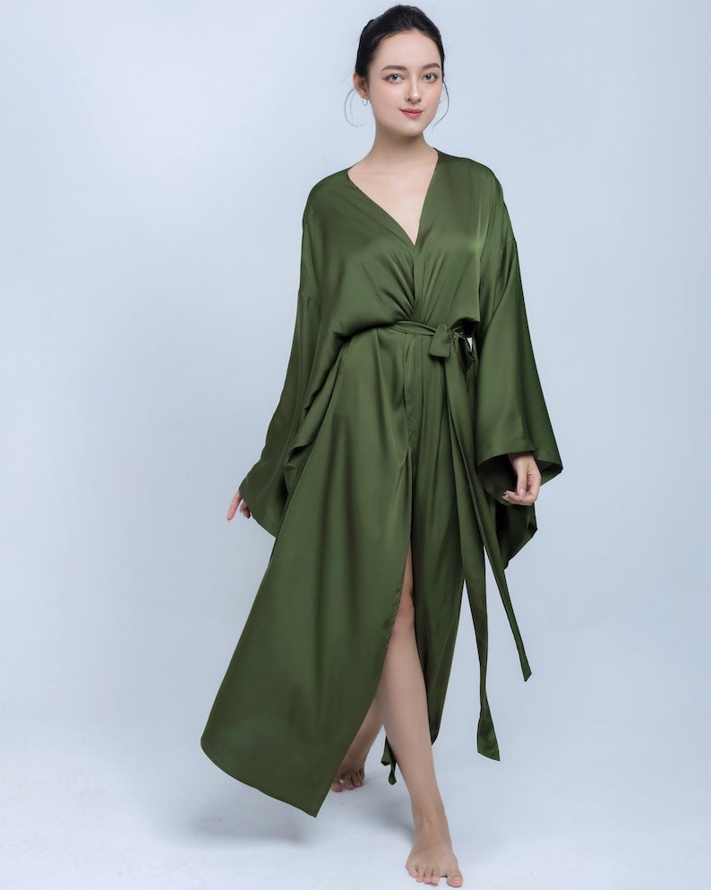 Bridal Long Silk Robe Floor Length Gown Silky Kimono Sleeves Long Robe ...