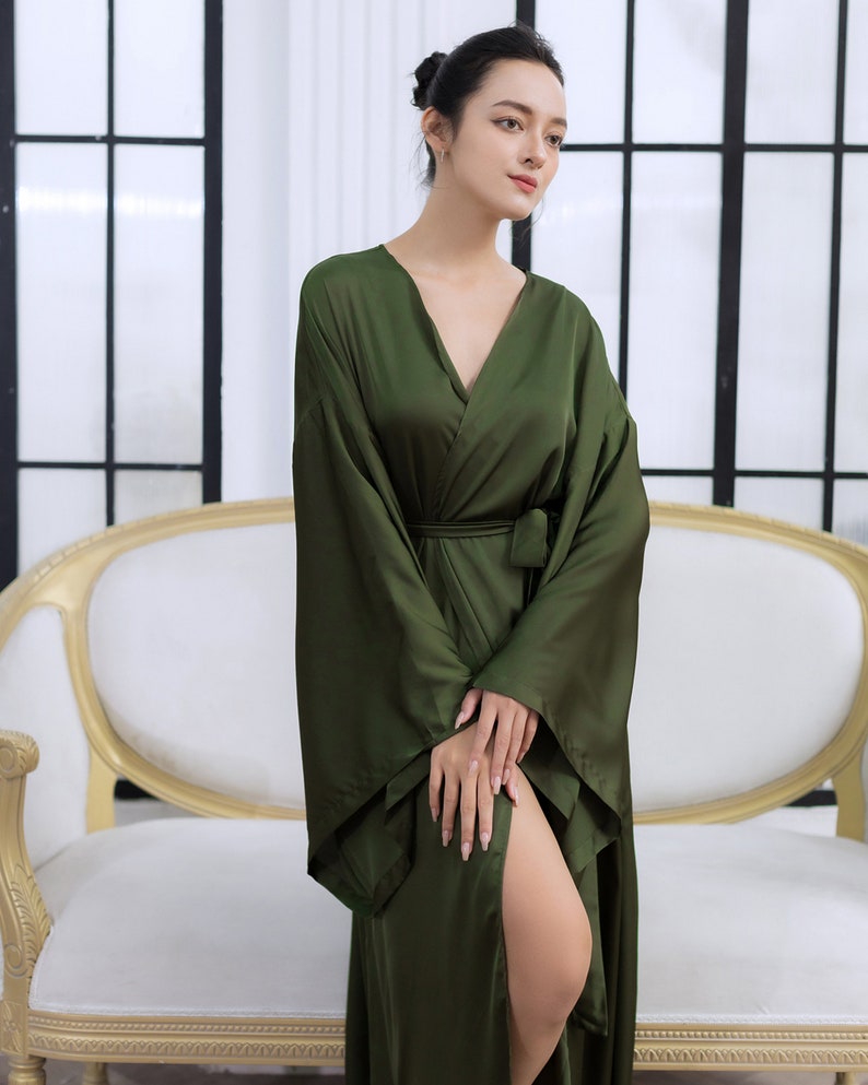 Bridal Long Silk Robe Floor Length Gown Silky Kimono Sleeves Long Robe ...