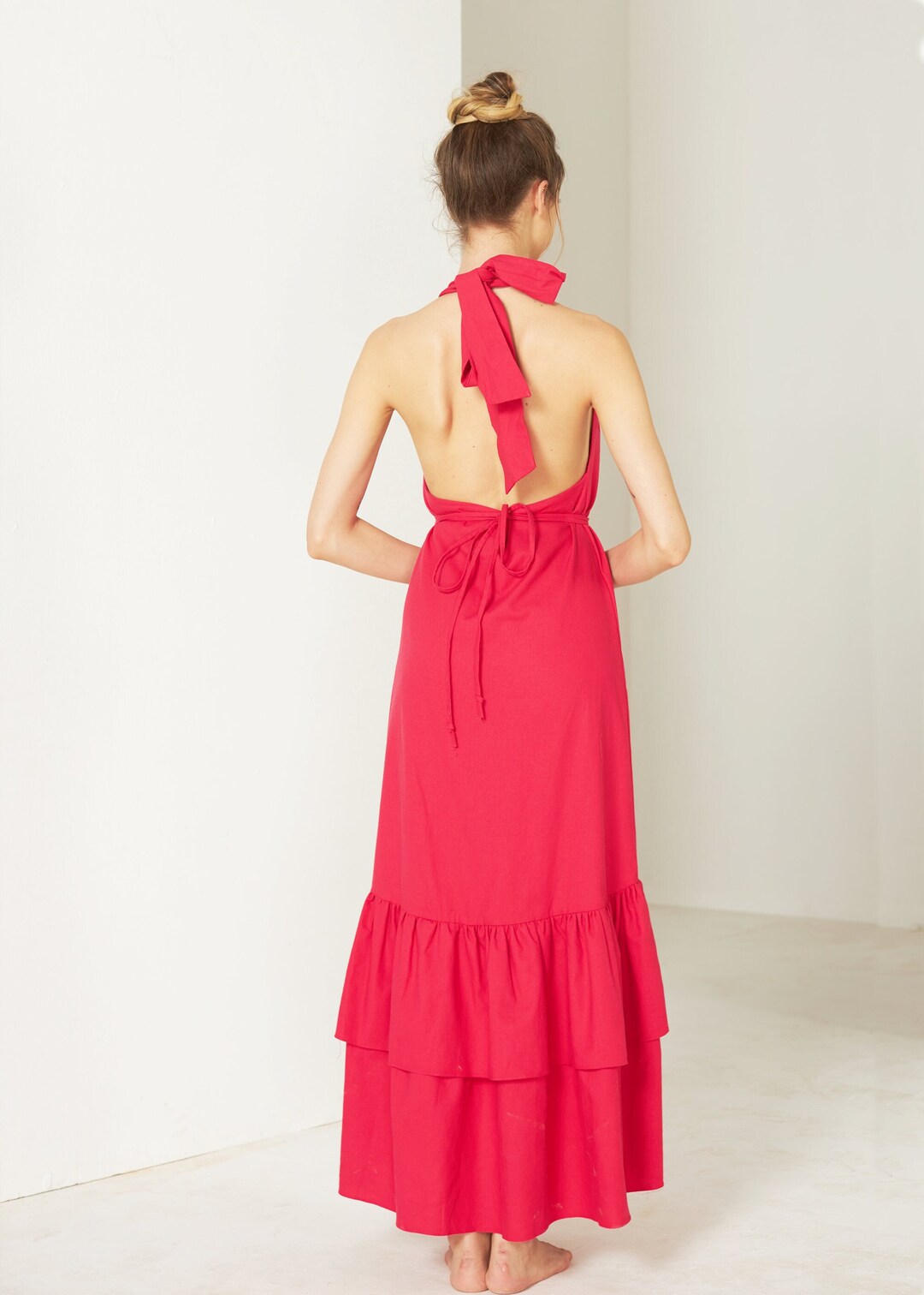 Drop Ruffle Linen Dress With Open Back, Backless Dress With Bell ...