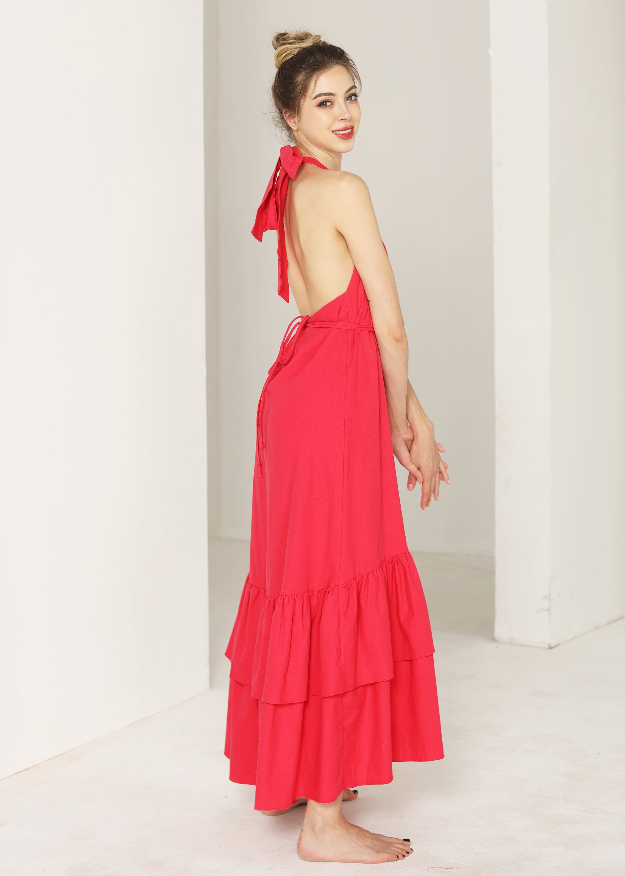Drop Ruffle Linen Dress With Open Back, Backless Dress With Bell ...