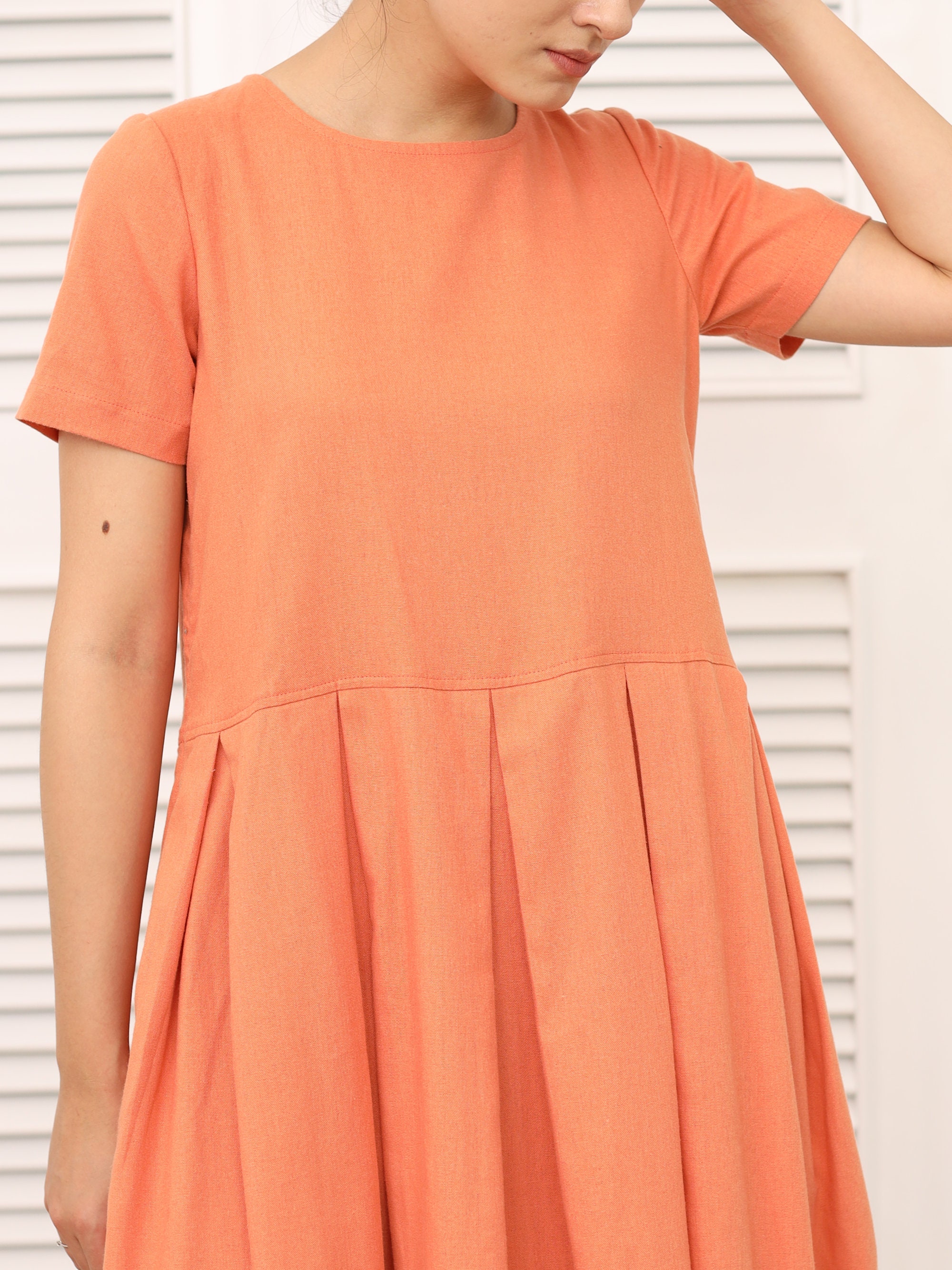 Short Sleeved Linen Dress Linen Dress Summer Midi Dress Linen Clothing