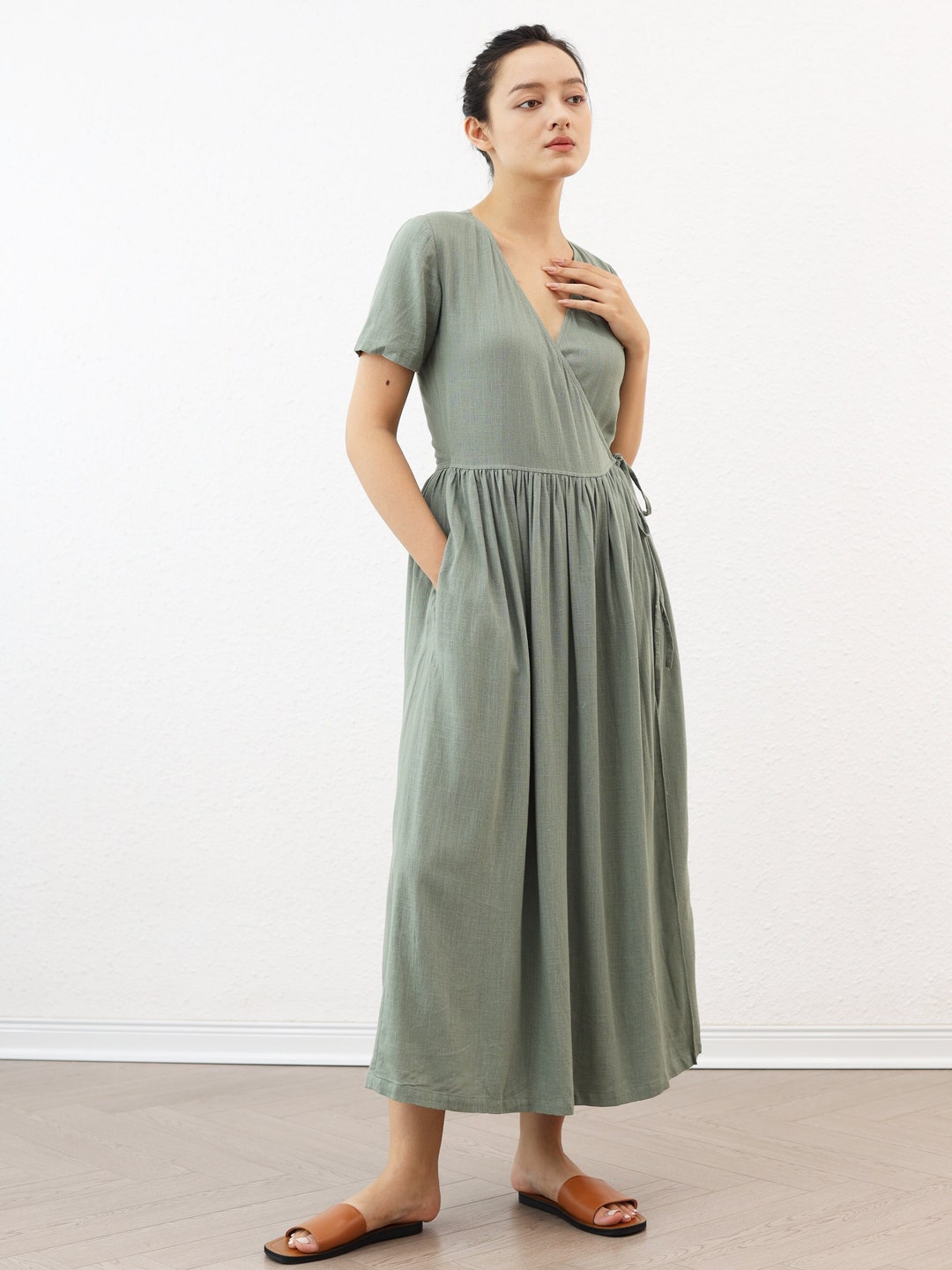 Midi Wrap Dress for Women - Short Sleeves Linen Dress - Midi Length ...
