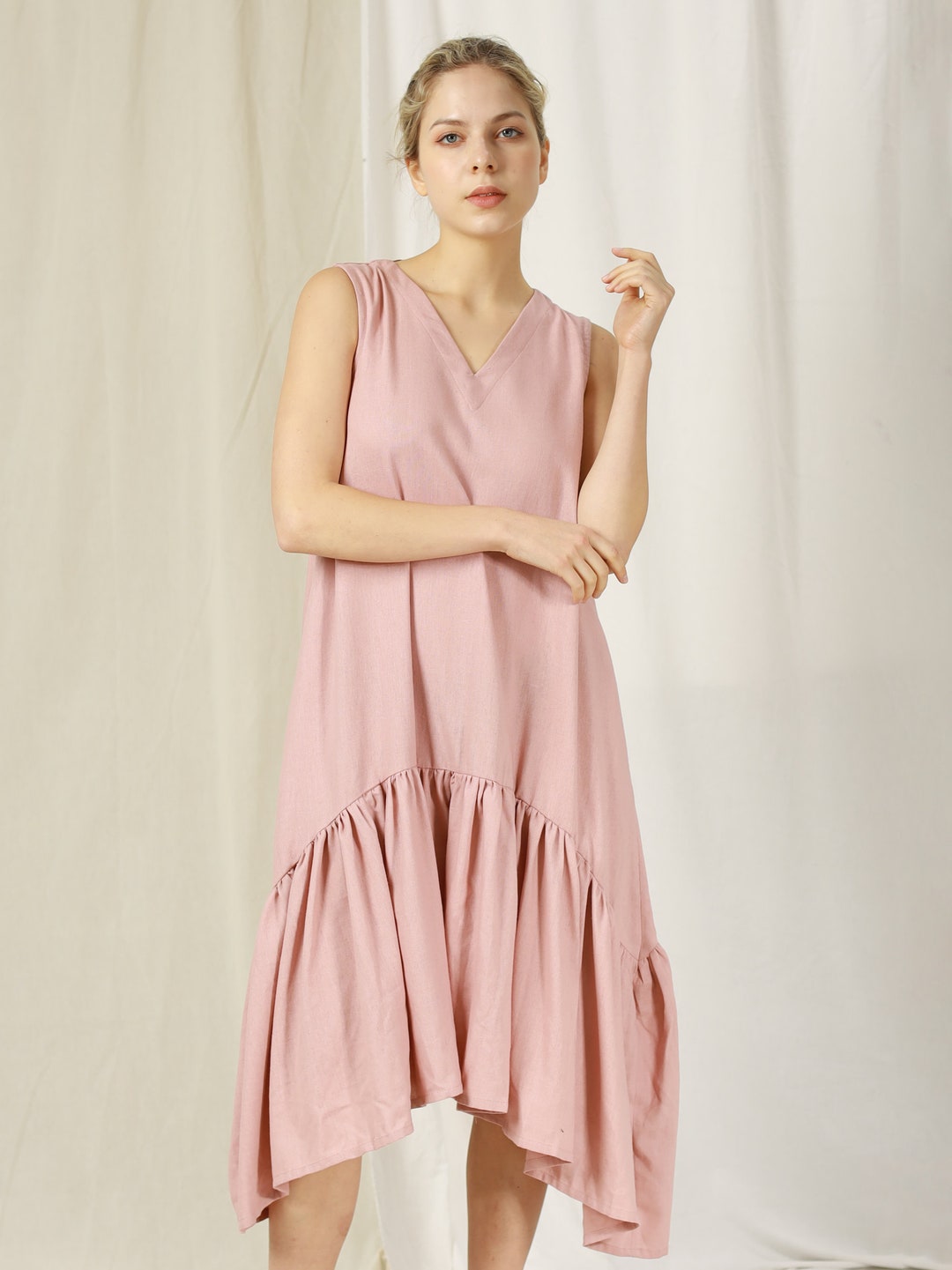 Loose Linen Dress – Natural Linen Ruffle Dress - Linen Hi-low Dress ...
