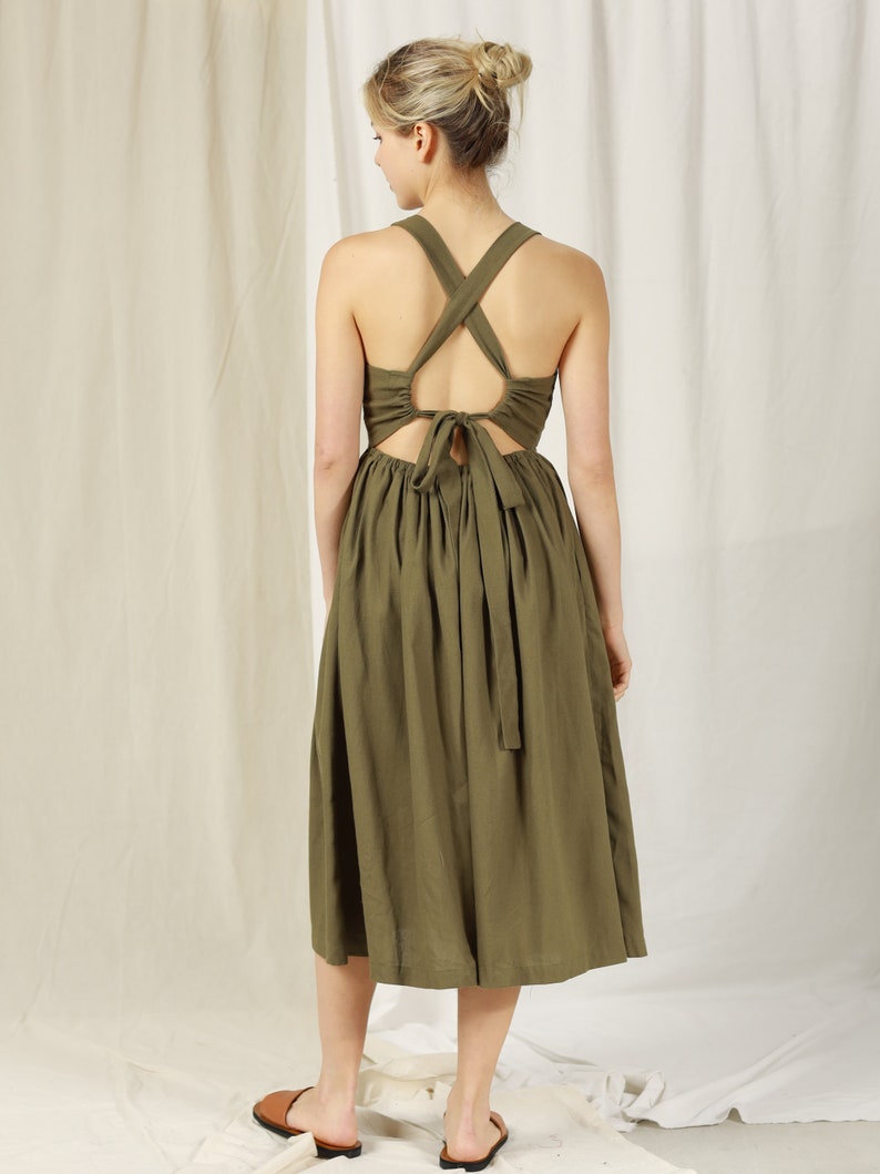 Apron Linen Dress – Cross Back Linen Dress – Midi Linen Dress – Summer ...