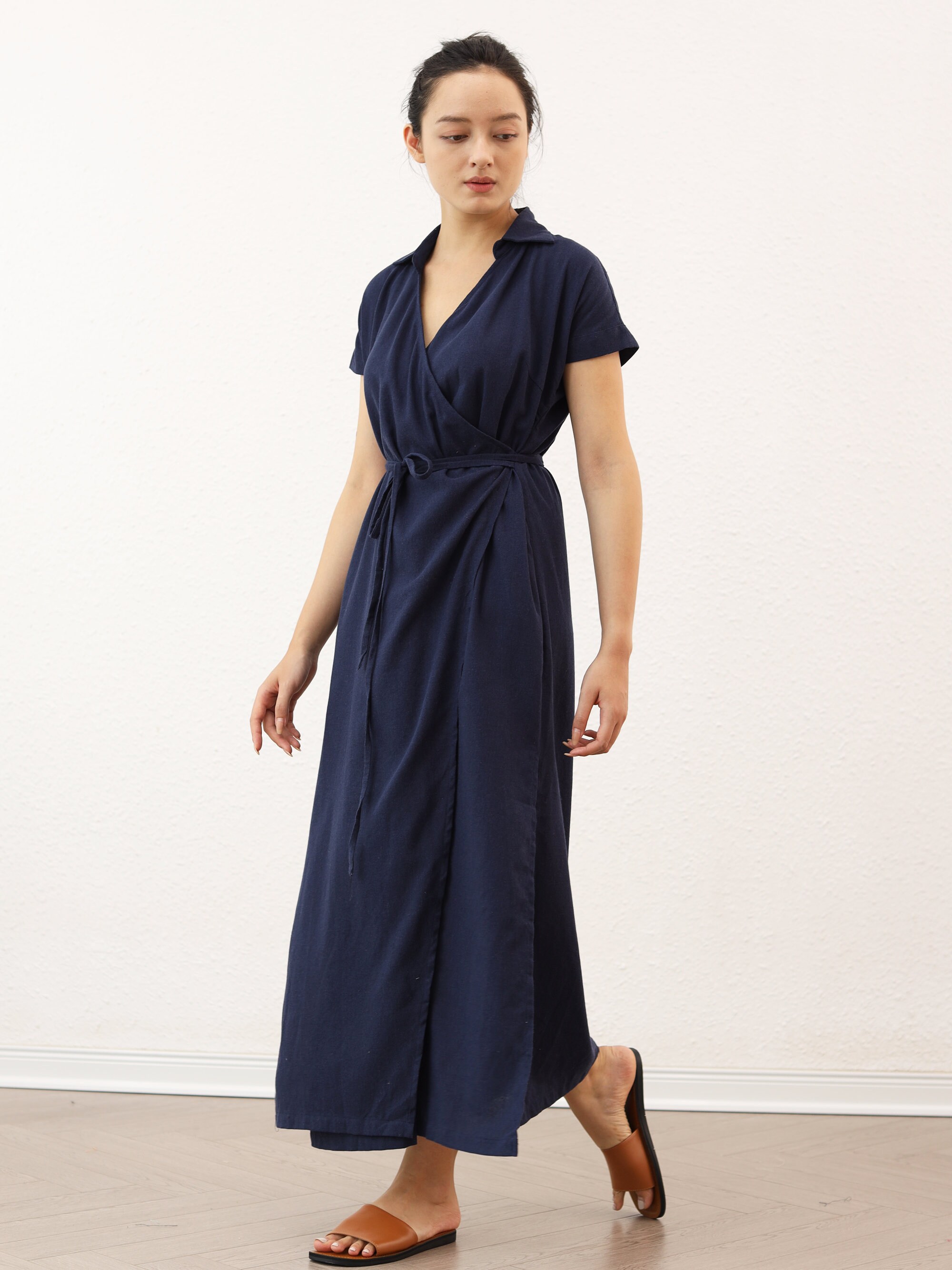 Long Wrap Dress for Women - Linen Shirt Wrap Dress – Short Sleeves ...