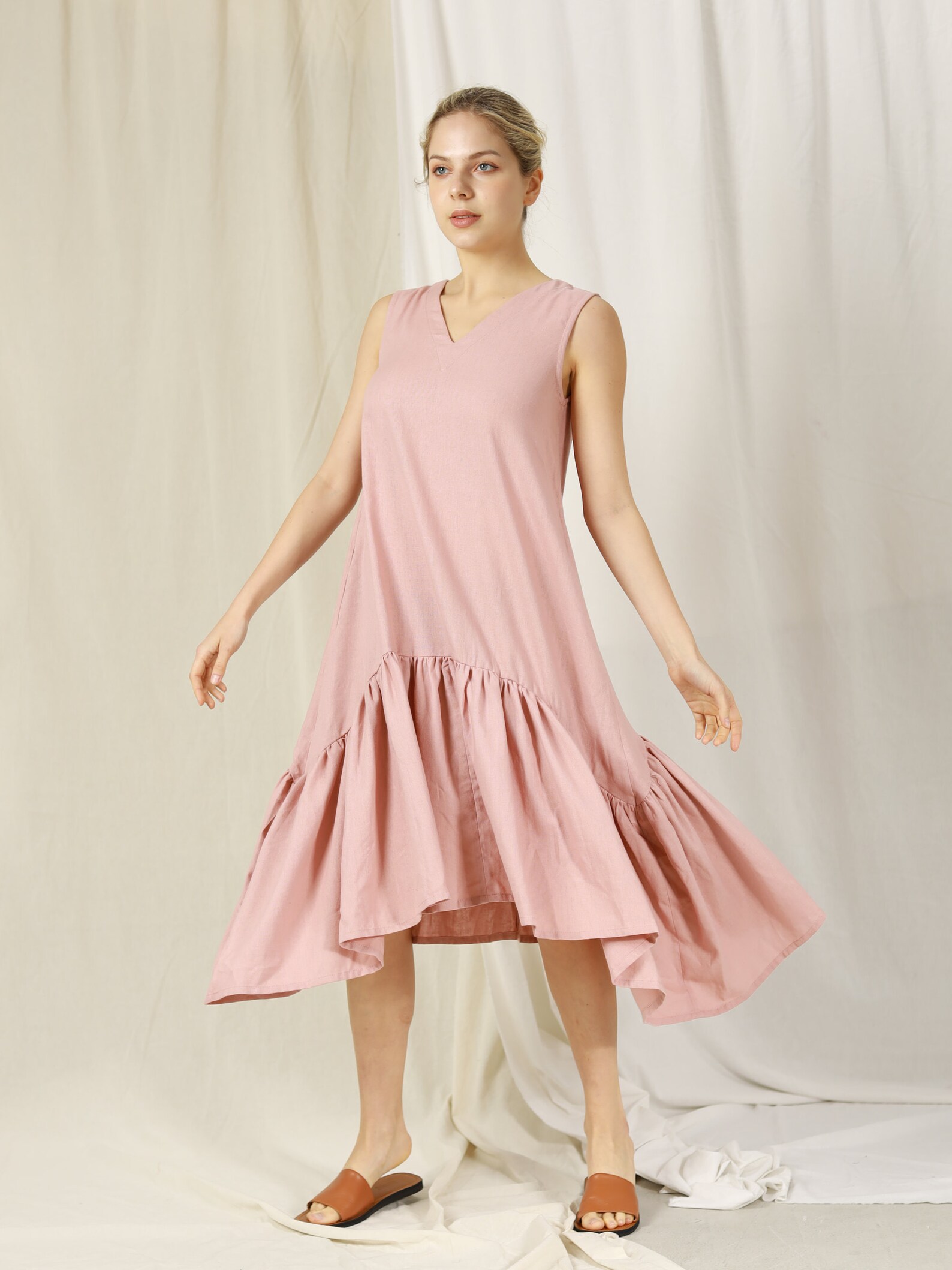 Loose Linen Dress Natural Linen Ruffle Dress Linen Hi-low Dress Linen ...