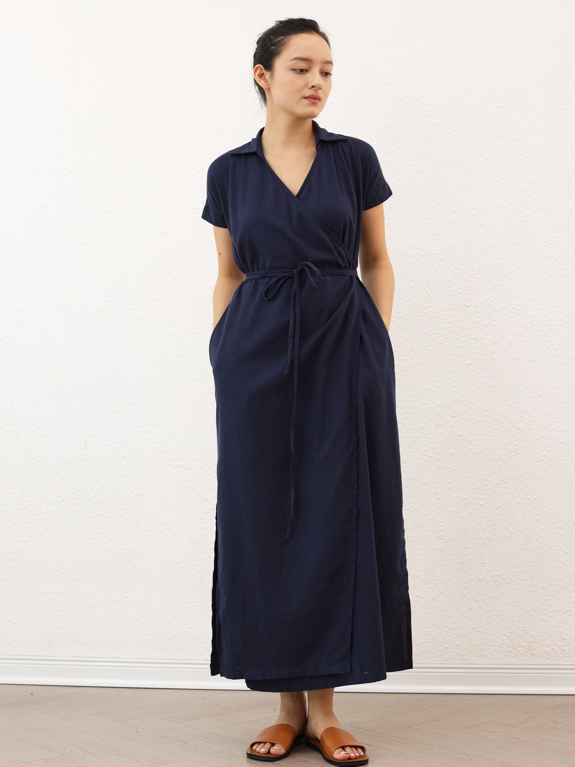 Long Wrap Dress for Women - Linen Shirt Wrap Dress – Short Sleeves ...