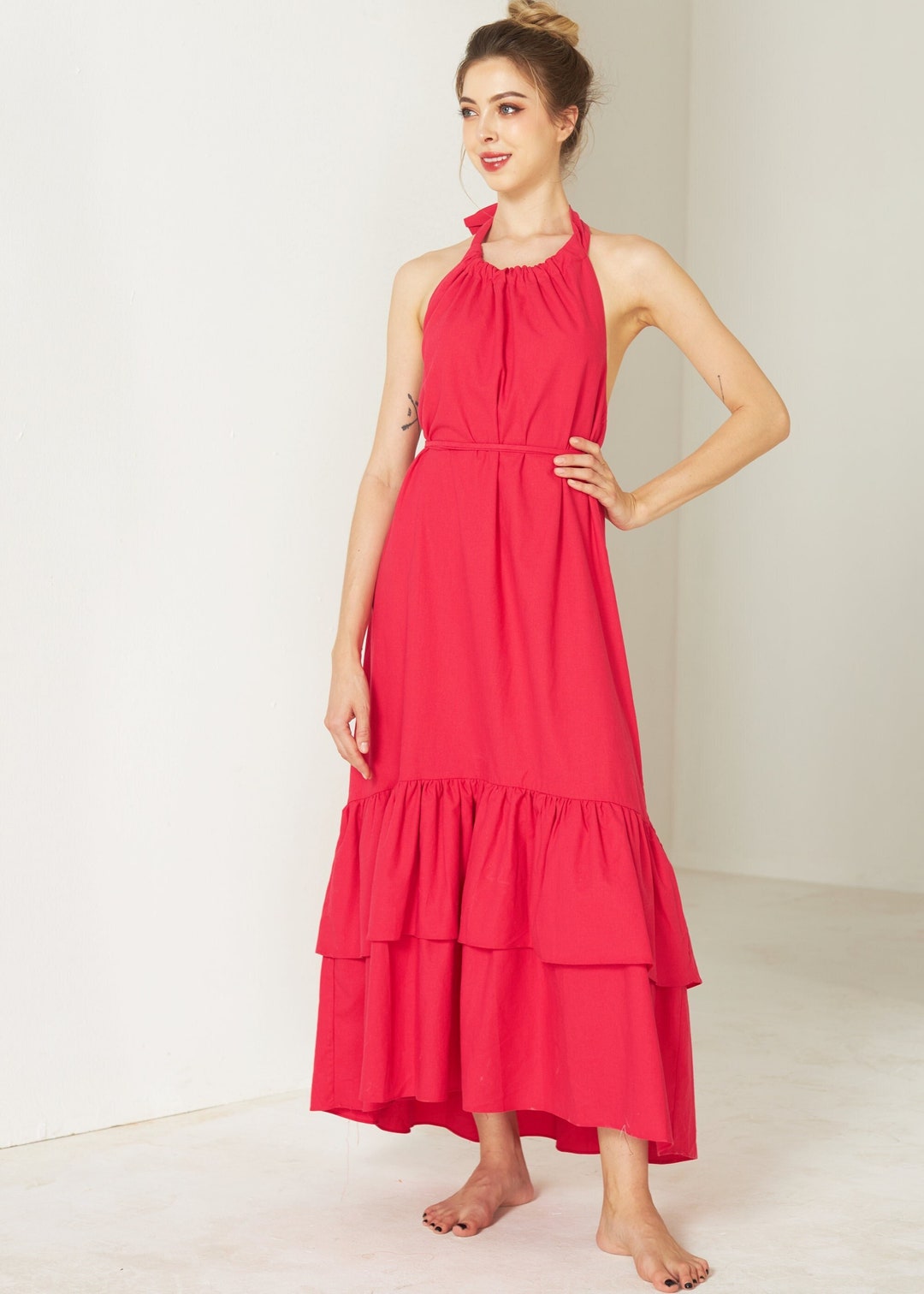 Drop Ruffle Linen Dress With Open Back, Backless Dress With Bell ...