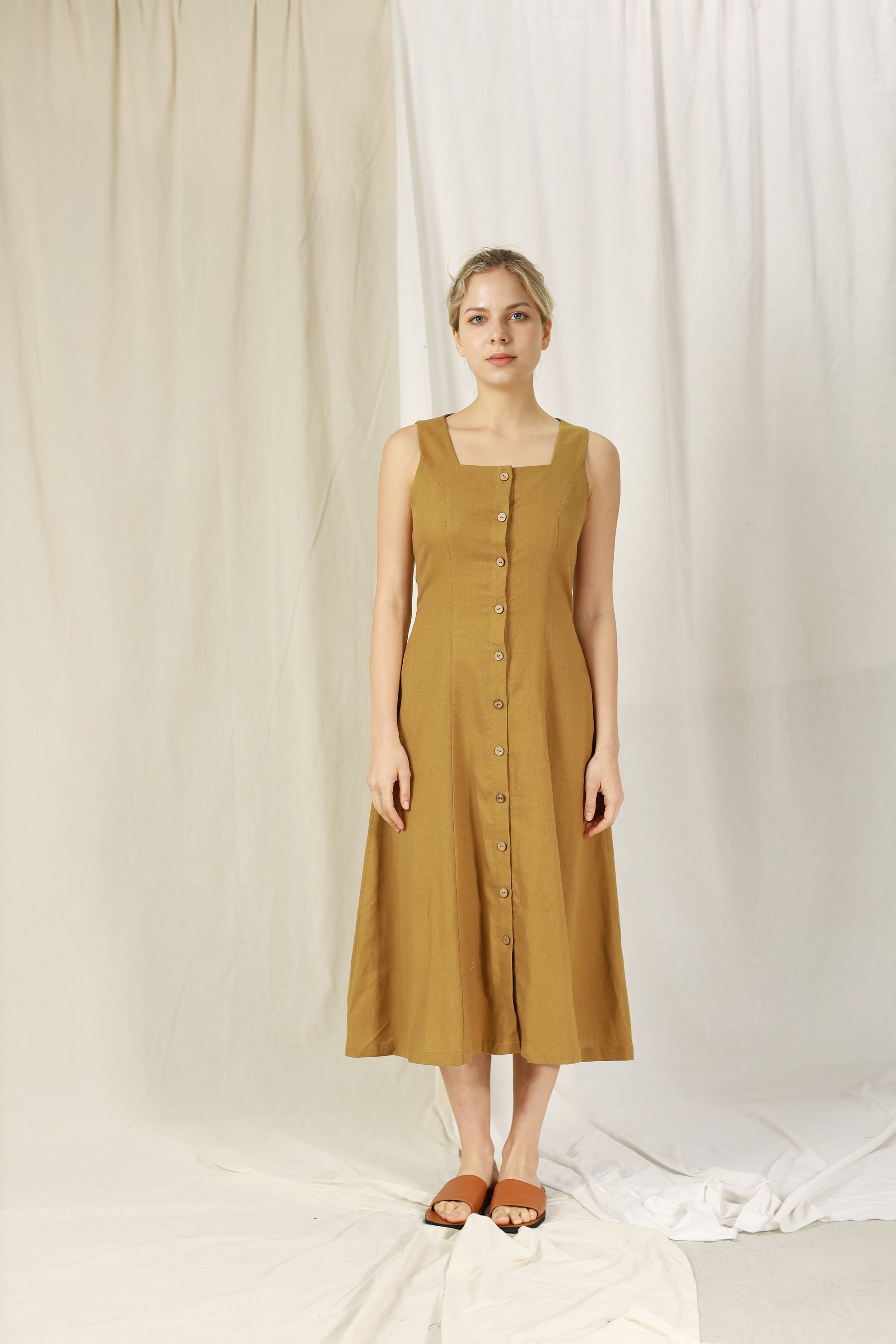 Sleeveless Linen Dress With Button – Minimalist Midi Linen Dress ...