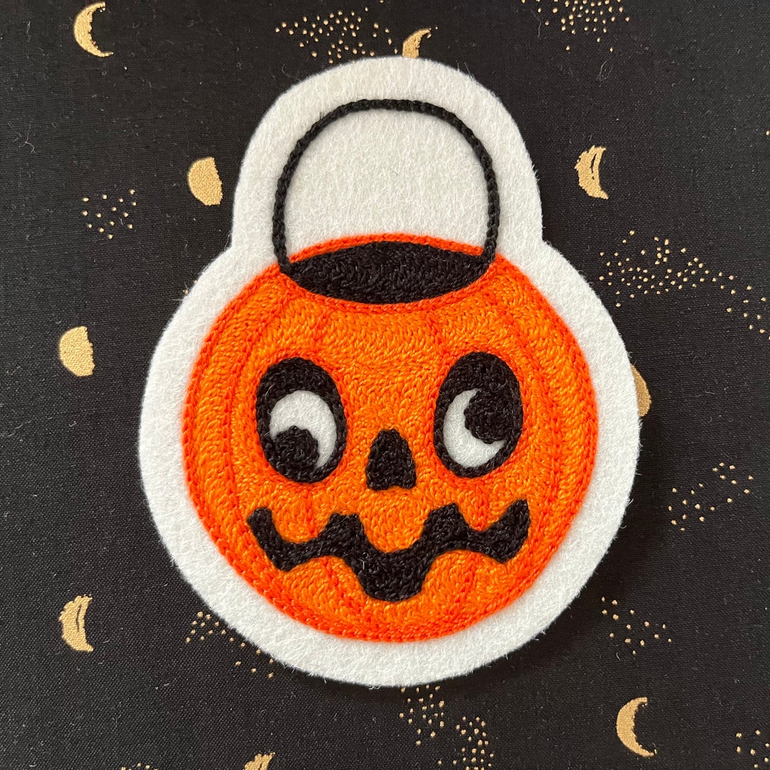 Chainstitch Embroidered Halloween Pumpkin Jack-o-lantern Candy Bucket ...