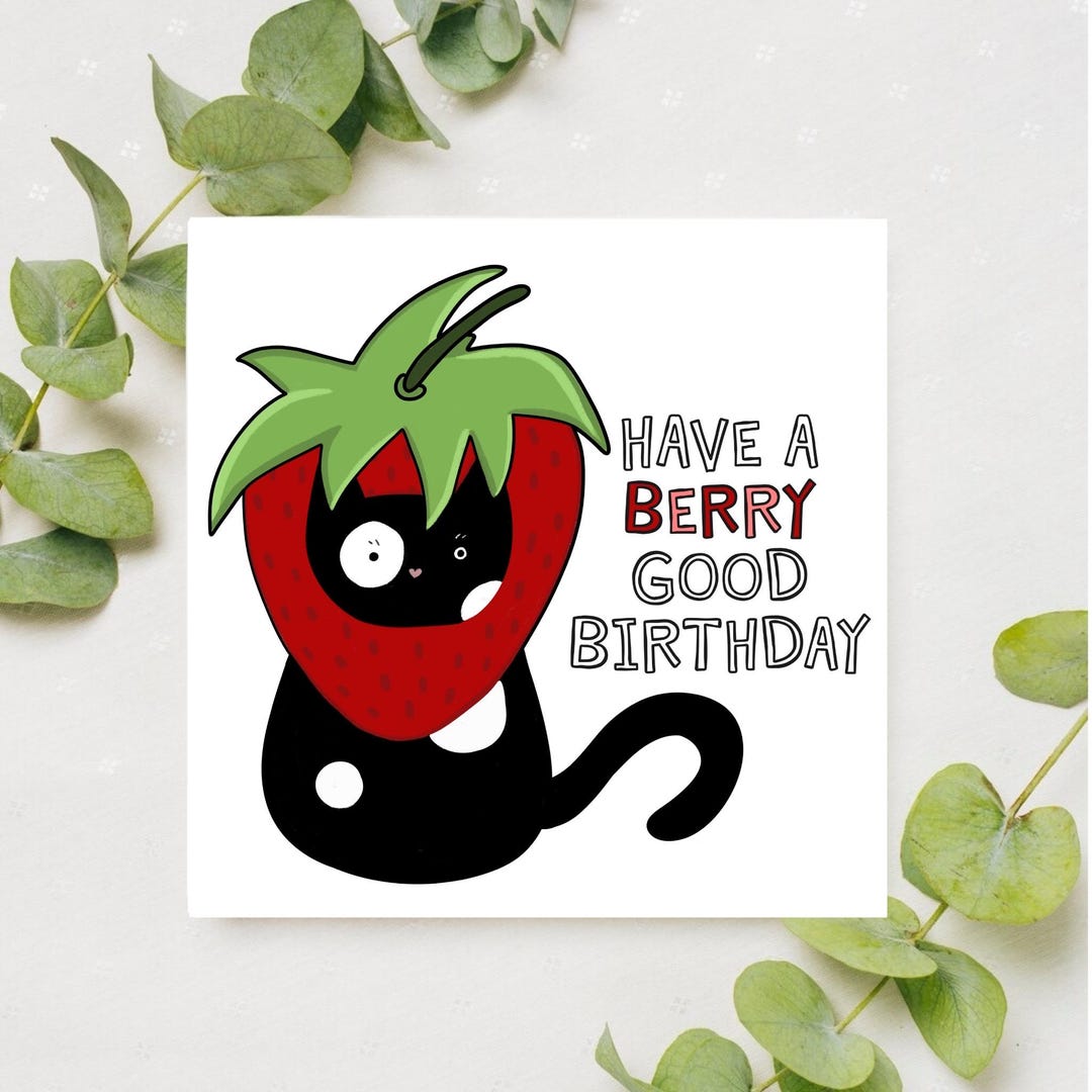 Berry Good Birthday Strawberry Cat Illustrated Greeting Card - Etsy