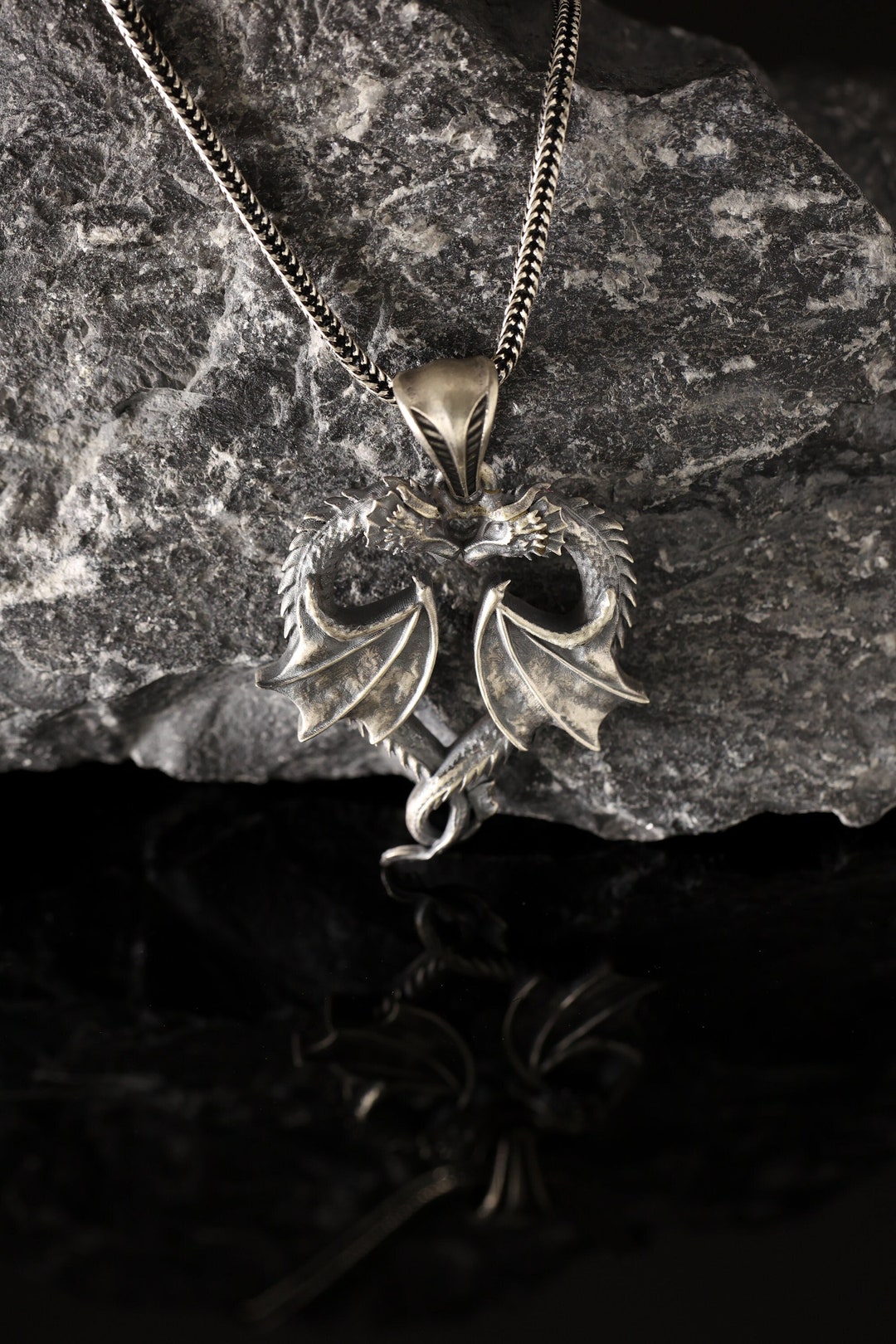 Twin Dragons Men Necklace,925 Sterling Silver Dragons Heart Shaped ...