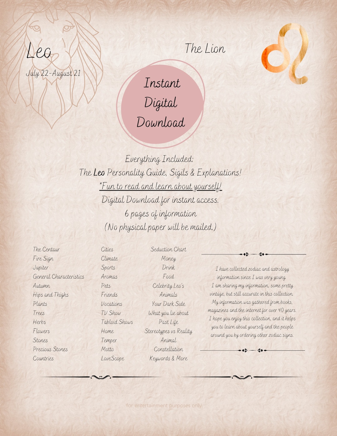 Leo - Zodiac Personality Guide - Digital Printable Pages - Grimoire ...