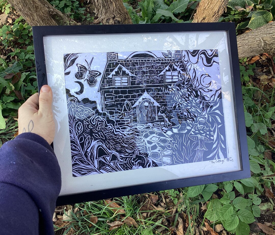 Hand Carved Linoleum Block Print ‘the Cottage’ Unframed - Etsy