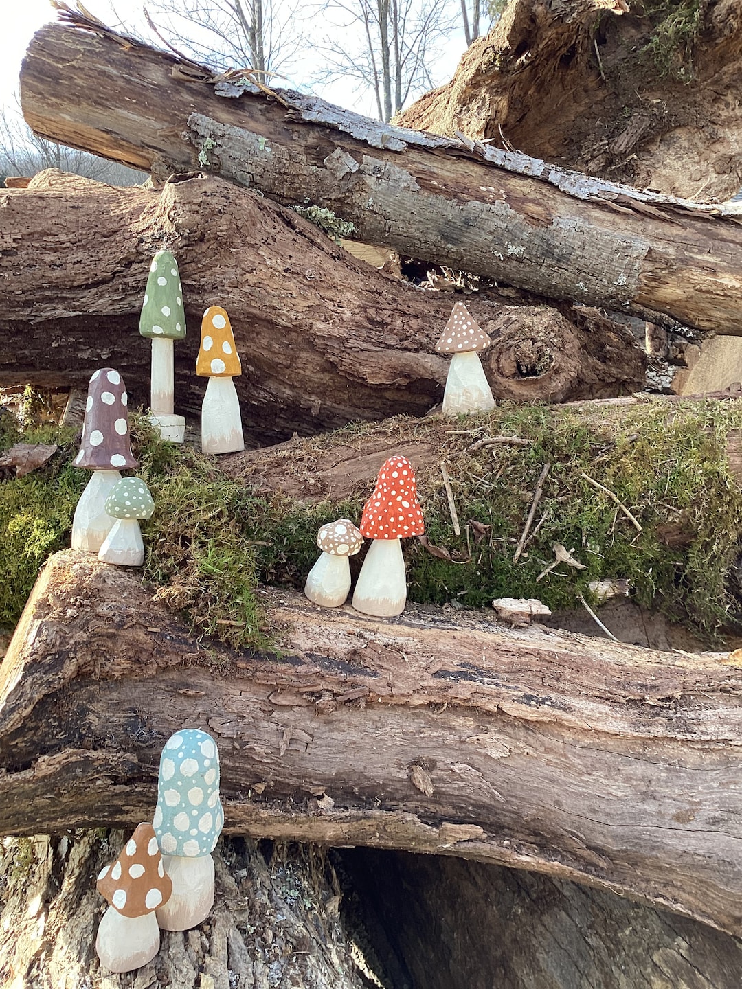 Hand-carved Painted Mushroom Decor (set of 9) - Etsy