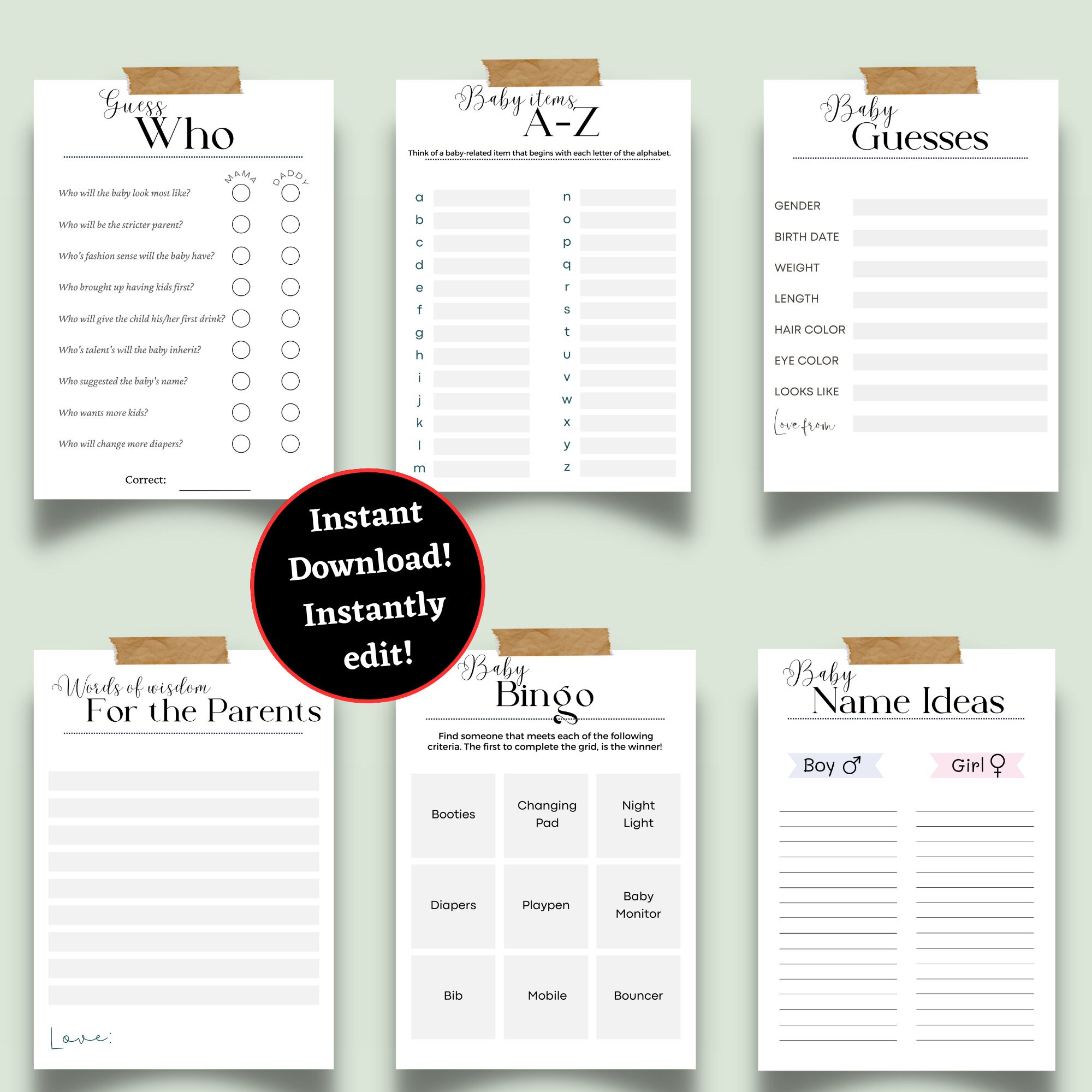 Editable Baby Shower Games Bundle, Printable Game Package, Instant ...