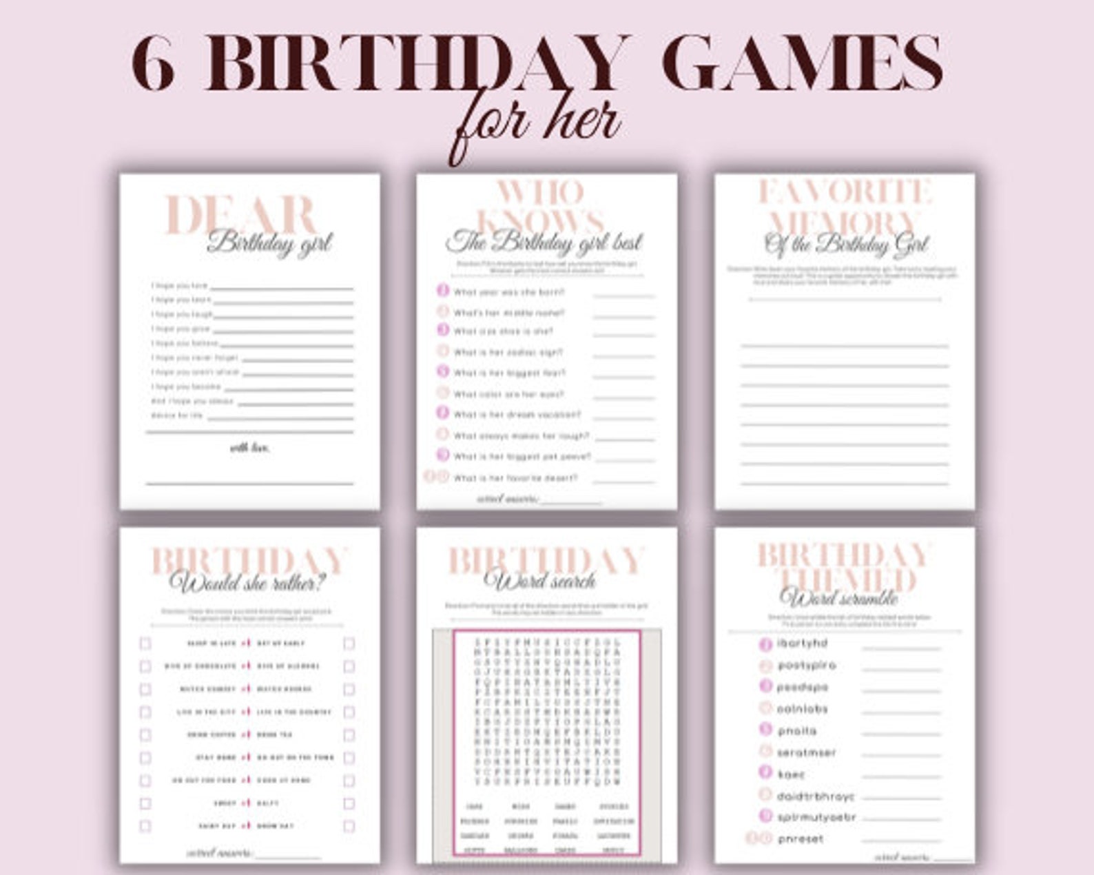 Birthday Games for Her Printable Modern Birthday Party Games for Women ...