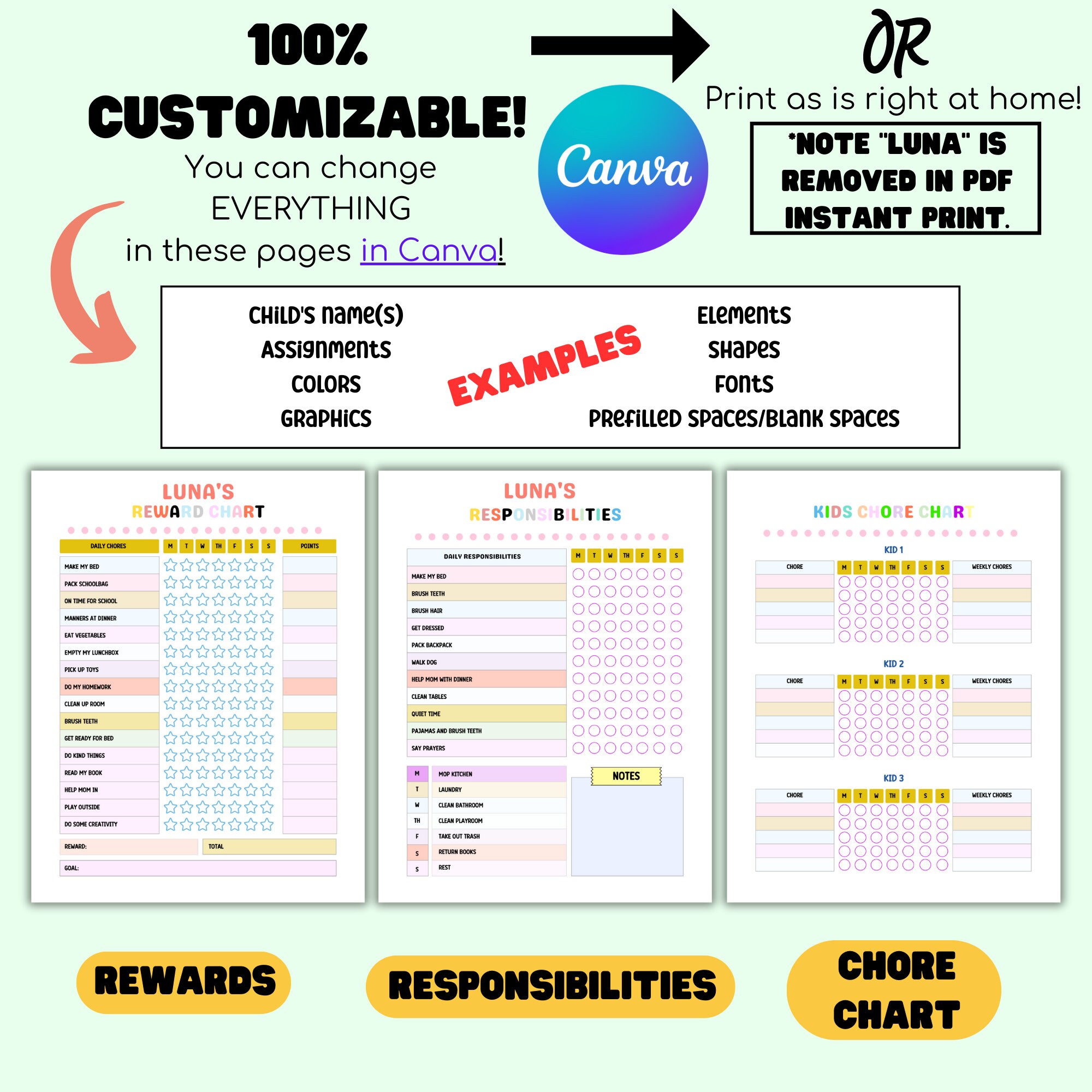 Editable Chore Chart for Kids | Printable | Kids Daily Weekly ...