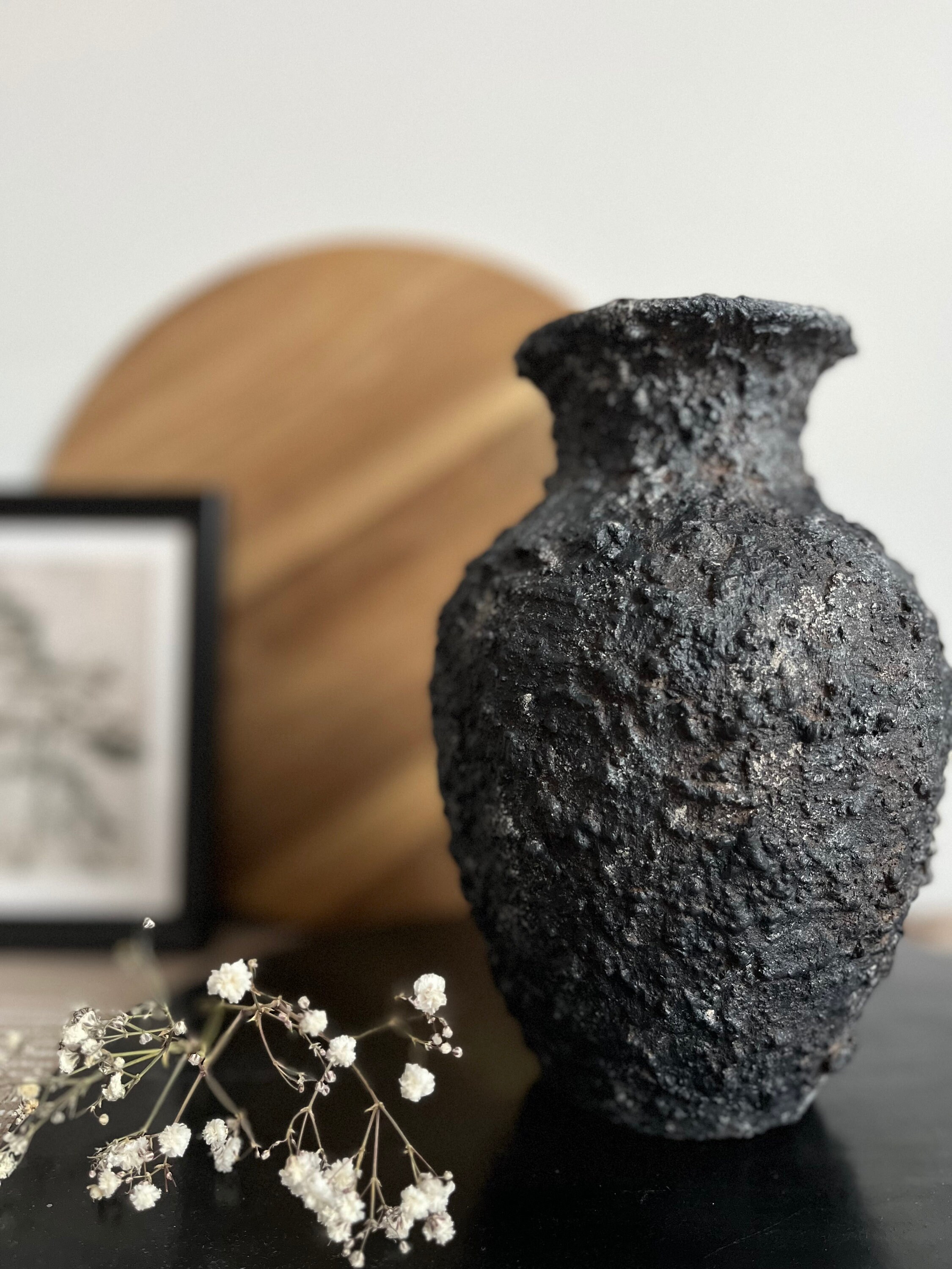 Distressed Ceramic Vessel, Textured Hand-painted Black, Brown and Beige ...