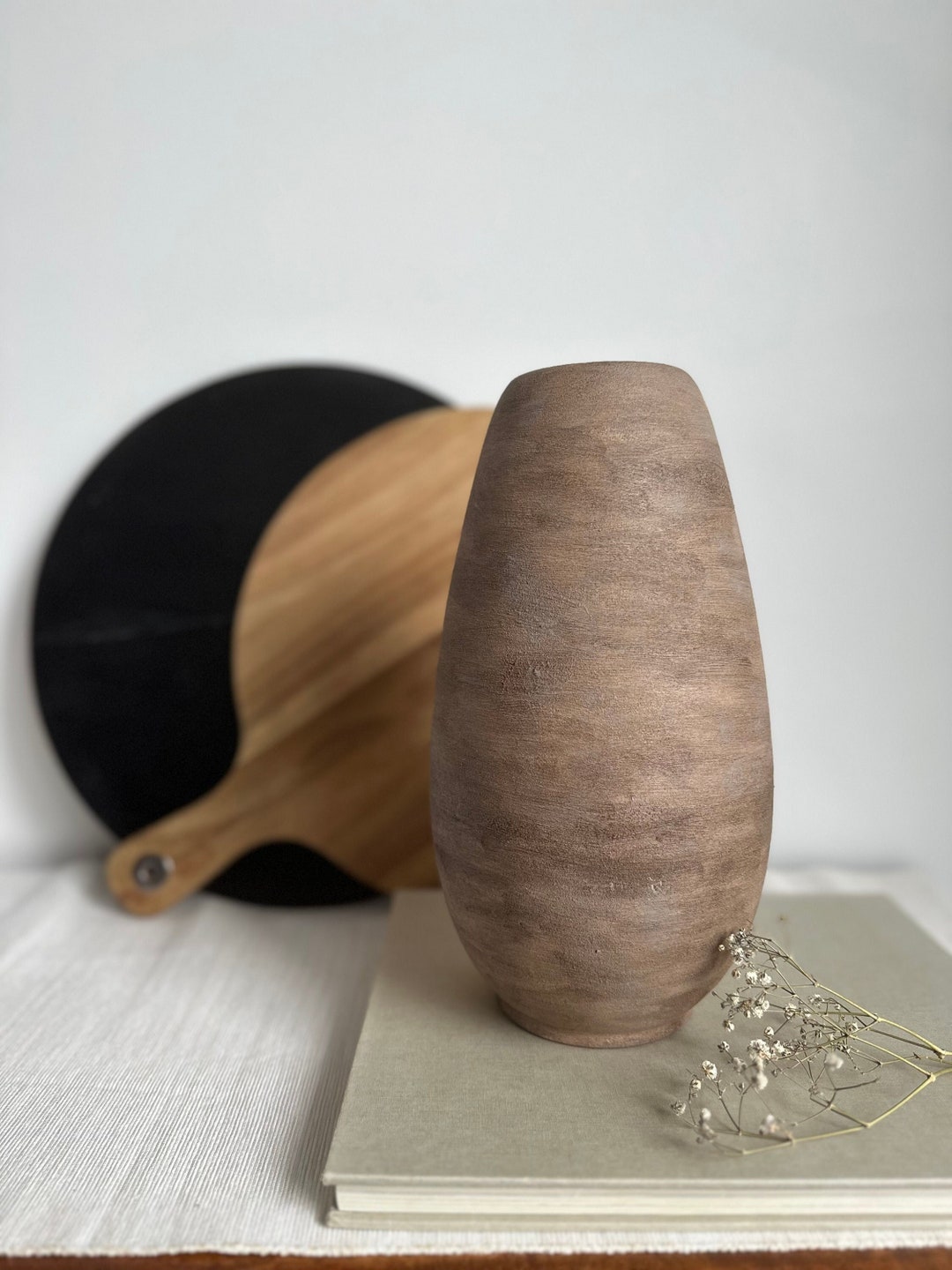 Distressed Ceramic Vessel, Brown and Beige Textured Ceramic Rustic Vase ...