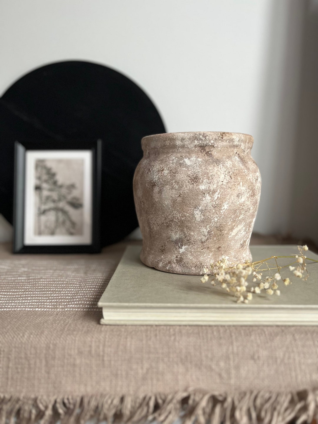 Distressed Ceramic Vessel, Hand-painted Textured Vase/pot, Beige and ...