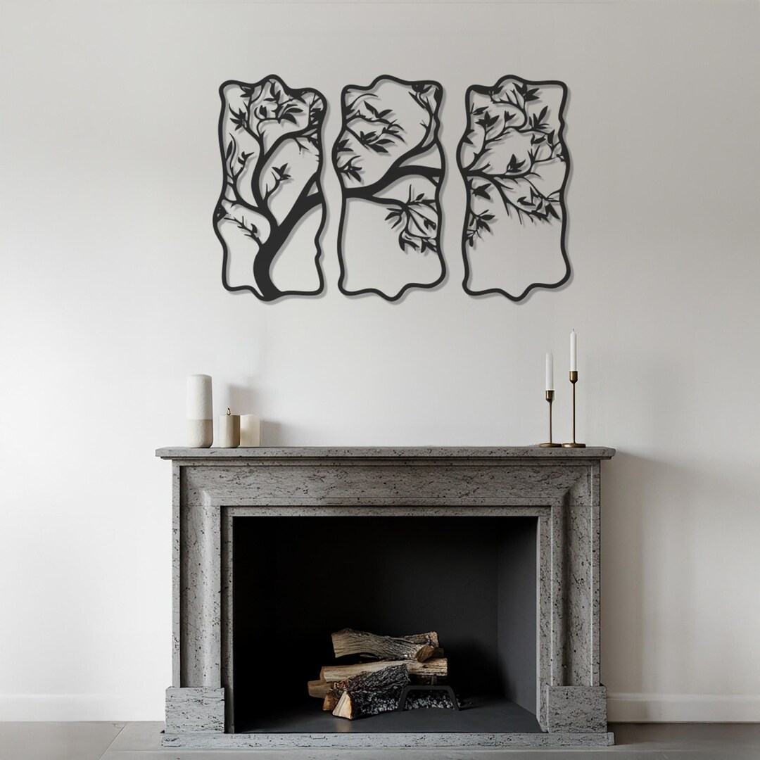 3 Panel Tree Wall Art, Gold Metal Nature Decor, Branch and Bird ...