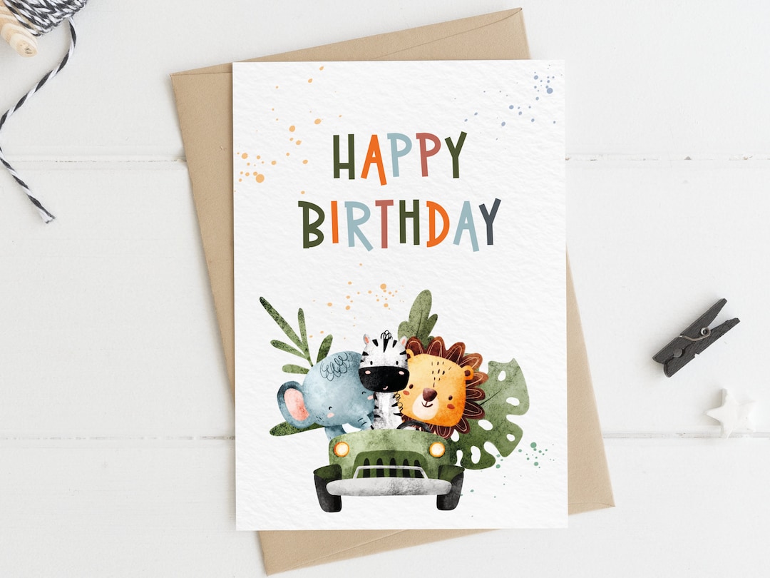 Safari Birthday Card for Kids - Jungle Animals Postcard A6 - Happy ...
